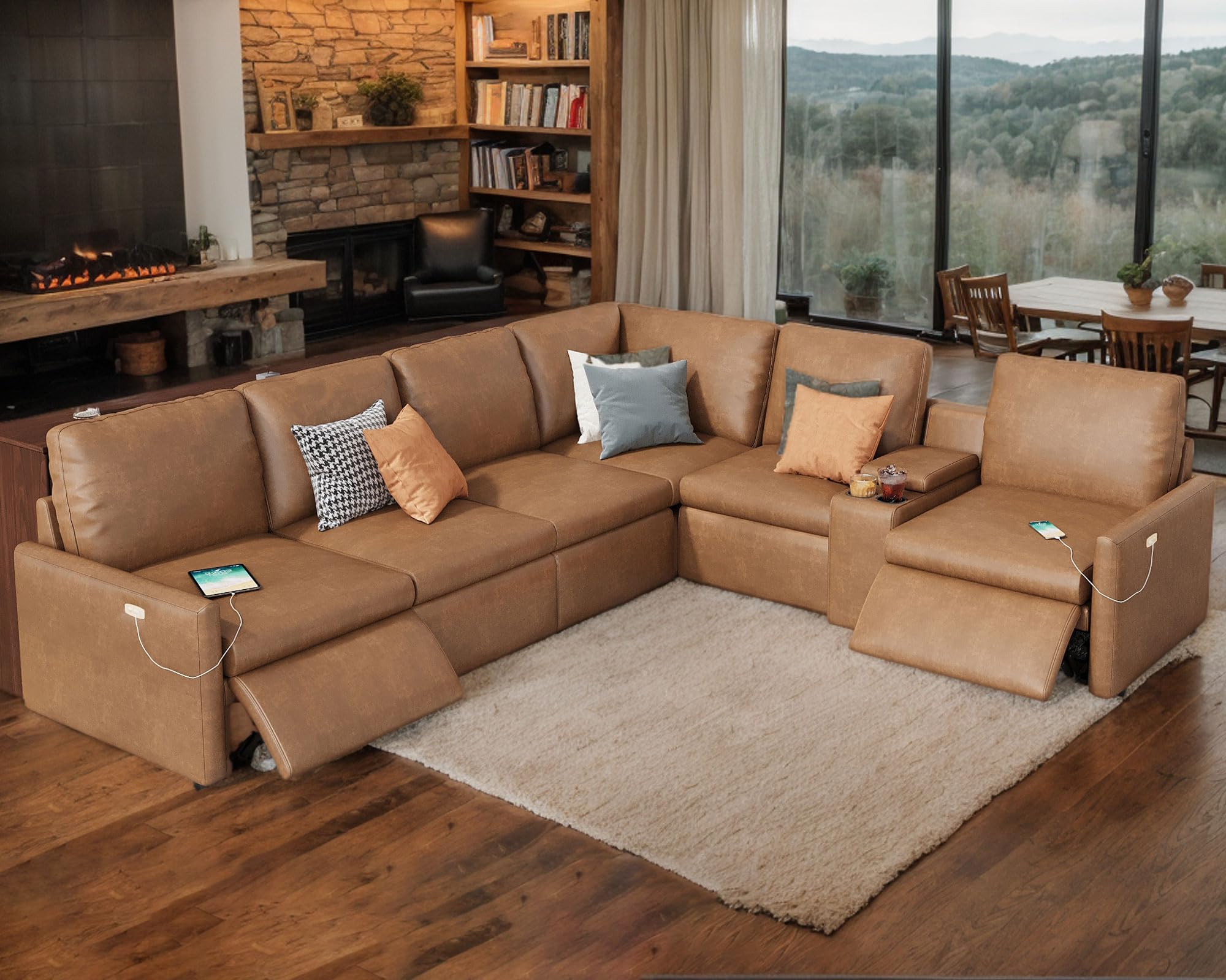 PaPaJet Power Recliner, Reclining Sectional Sofa with Console& Dual Recliner, 6 Seats L Shaped Recliner Sofa with Cup Holder& USB Port, Leather Modular Sectional Couch for Living Room