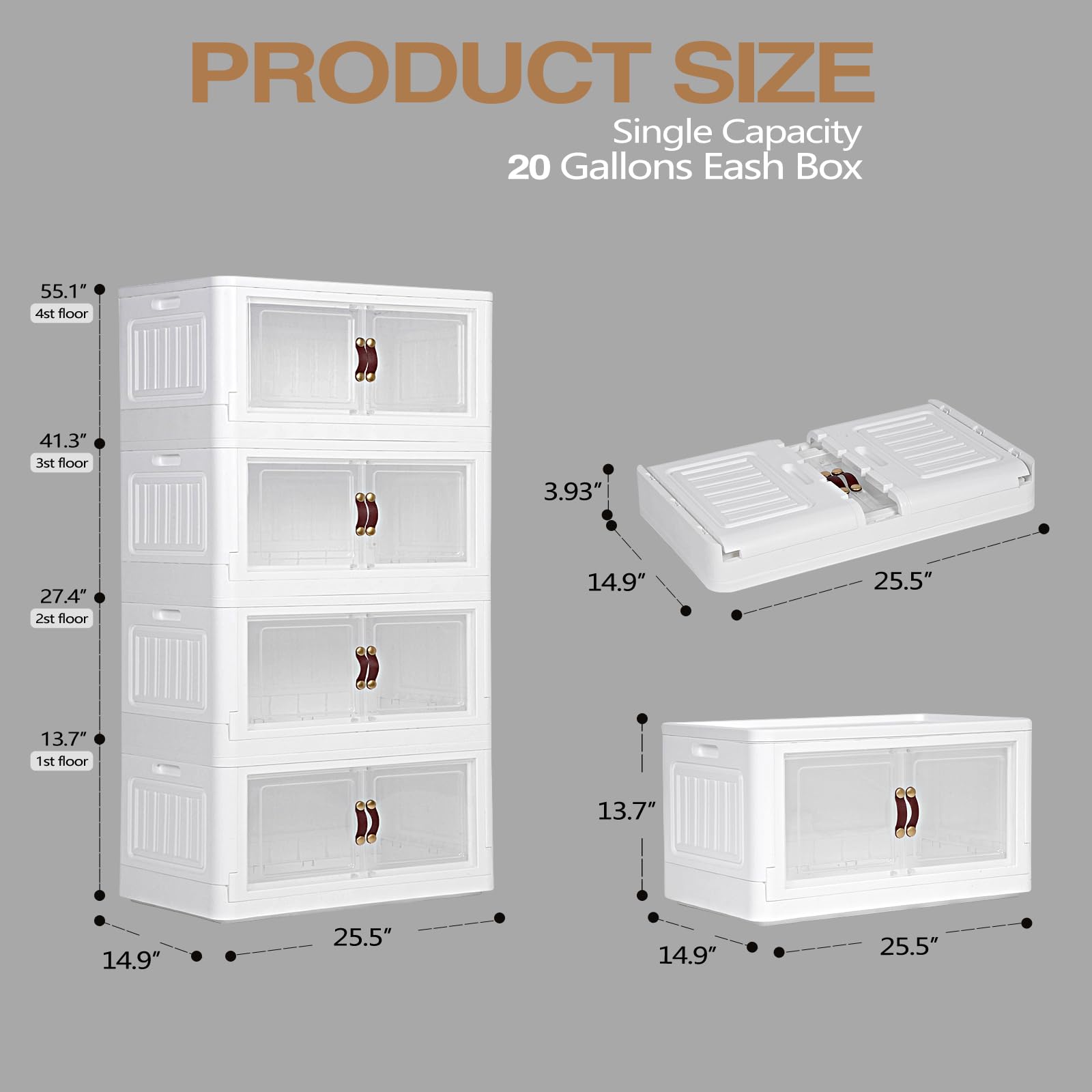 Storage Bins with Lids, Large Closet Organizers and Storage, 20 Gal Plastic Collapsible Storage Bins with Wheels, 4 Pack Double Door Clear White Stackable Storage Bins, Crate for Book