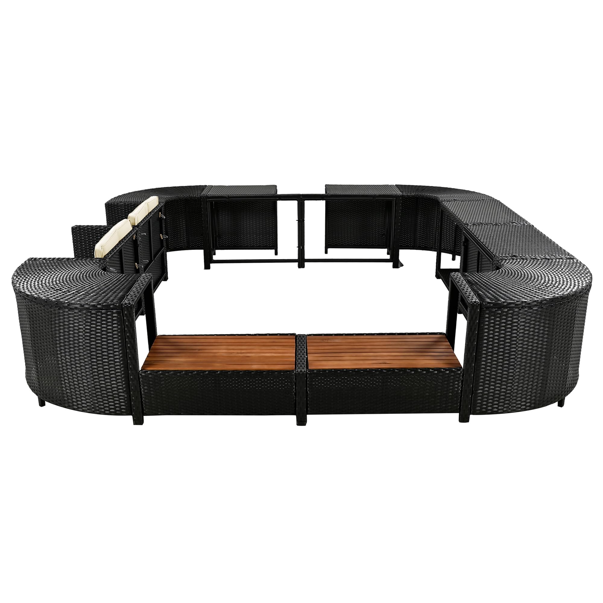 P PURLOVE Spa Surround, Quadrilateral Patio Rattan Sofa Set with Storage Spaces, Mini Sofa, Wooden Seats and Comfortable Cushions for Patio, Backyard (Beige)