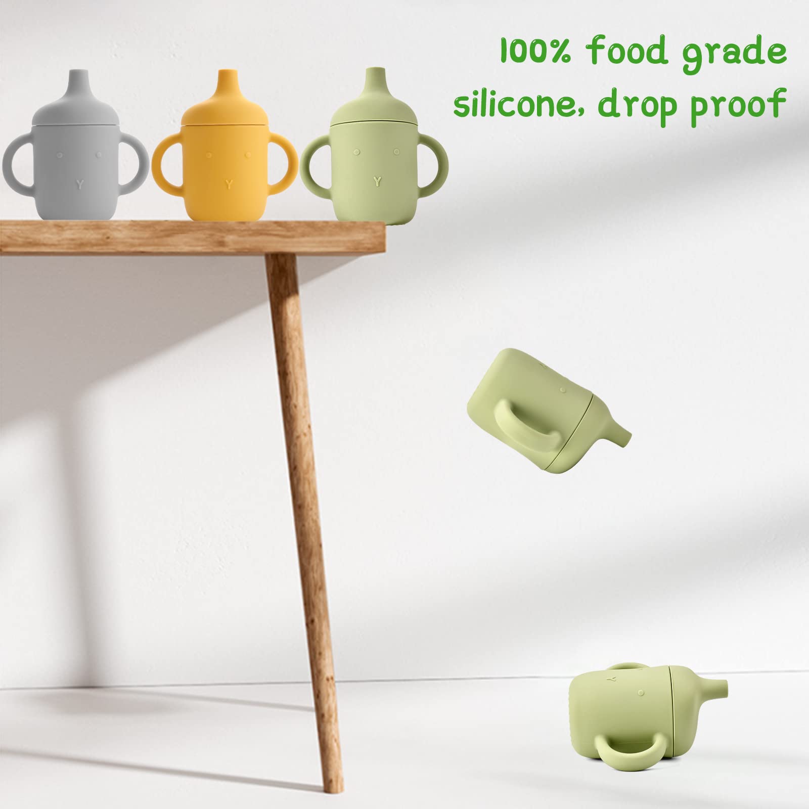 Leeleelon Silicone Sippy Cups For Babies |Training Cup for Babies |Two Handle Learner Cup for Toddlers| 6 months+| 2 Pack, 5oz,Cute Face(Green Bean & Light Grey)