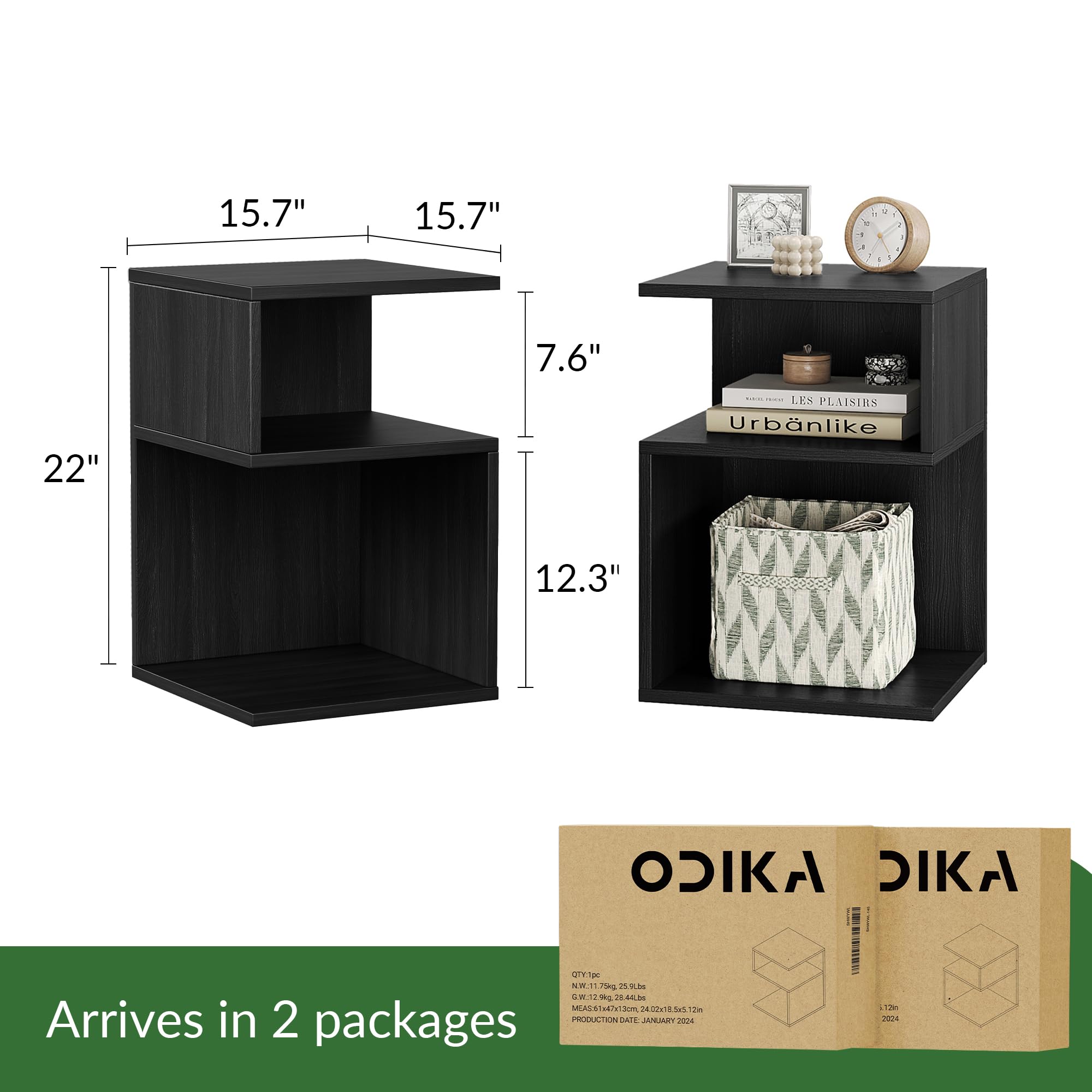 ODIKA Night Stand Set of 2 for Bedroom Beside Table with Storage Wood Nightstand Bed Side Table (Black Combo)