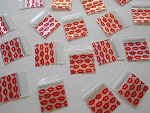 Small Poly Bags (1"x1") Mini Plastic Baggies, Thick 2mil, Designer Rave Party Pouches (1010) Tiny Ziplock Dime Bag (100, Red Lips on Silver)