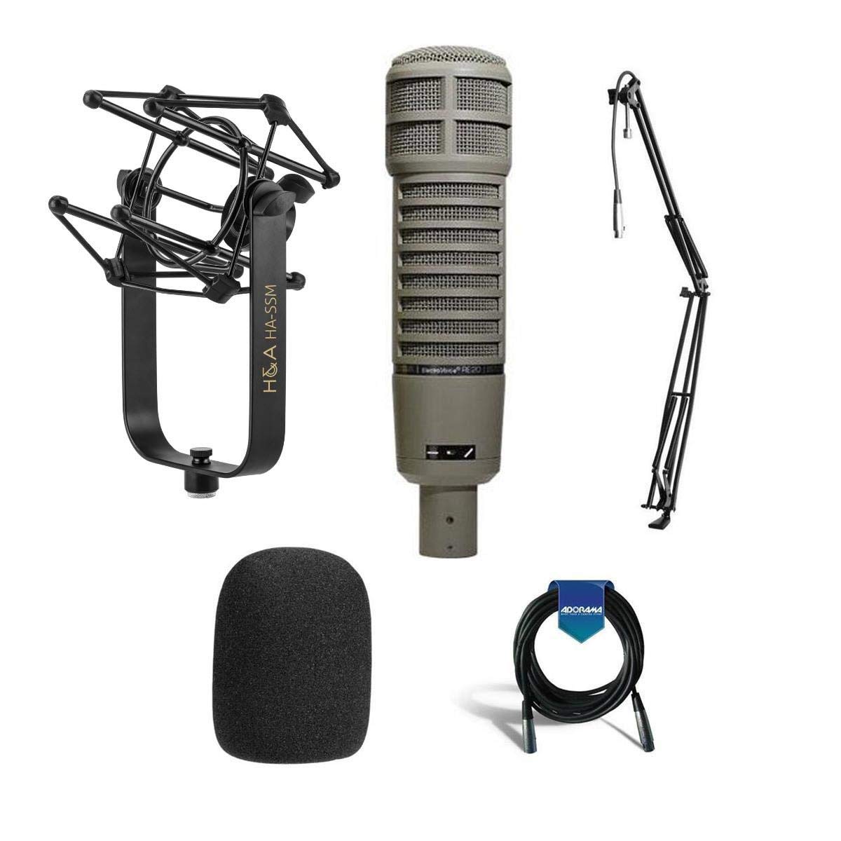 Electro-Voice RE20 Variable-D Dynamic Cardioid Microphone, 45-18000Hz Frequency Response, 150 Ohms - Bundle with 309A Shock Mount, Telex WSPL-2 Foam Windscreen, H&A Broadcast Arm, XLR Cable