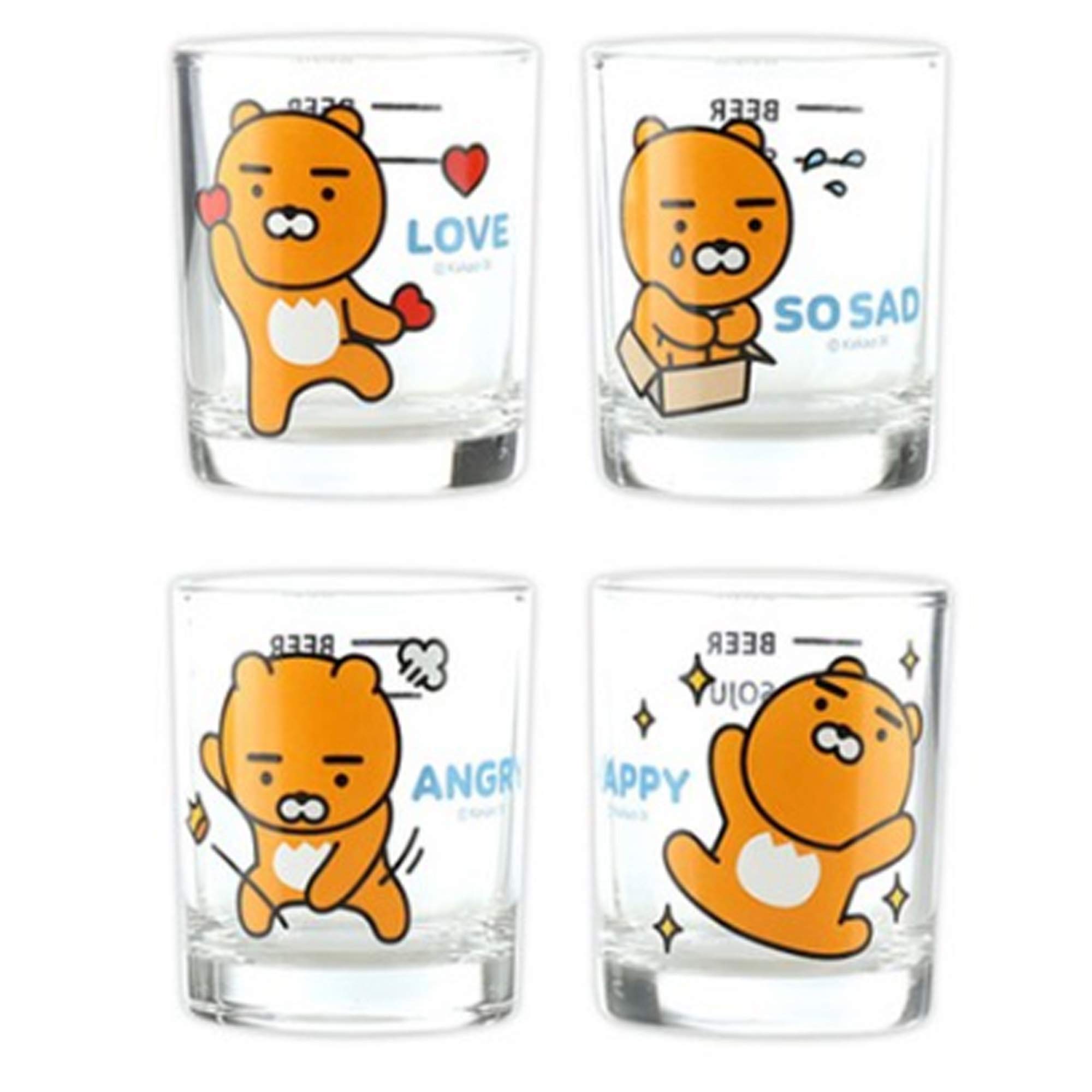 KAKAOFRIENDS Imotion Soju Clear Glasses For Alcohol Drinks Set of 4(soju glass 소주잔), Soju Shot Glasses Set Character Glass, For Party Dishwasher Safe Clarity Glassware