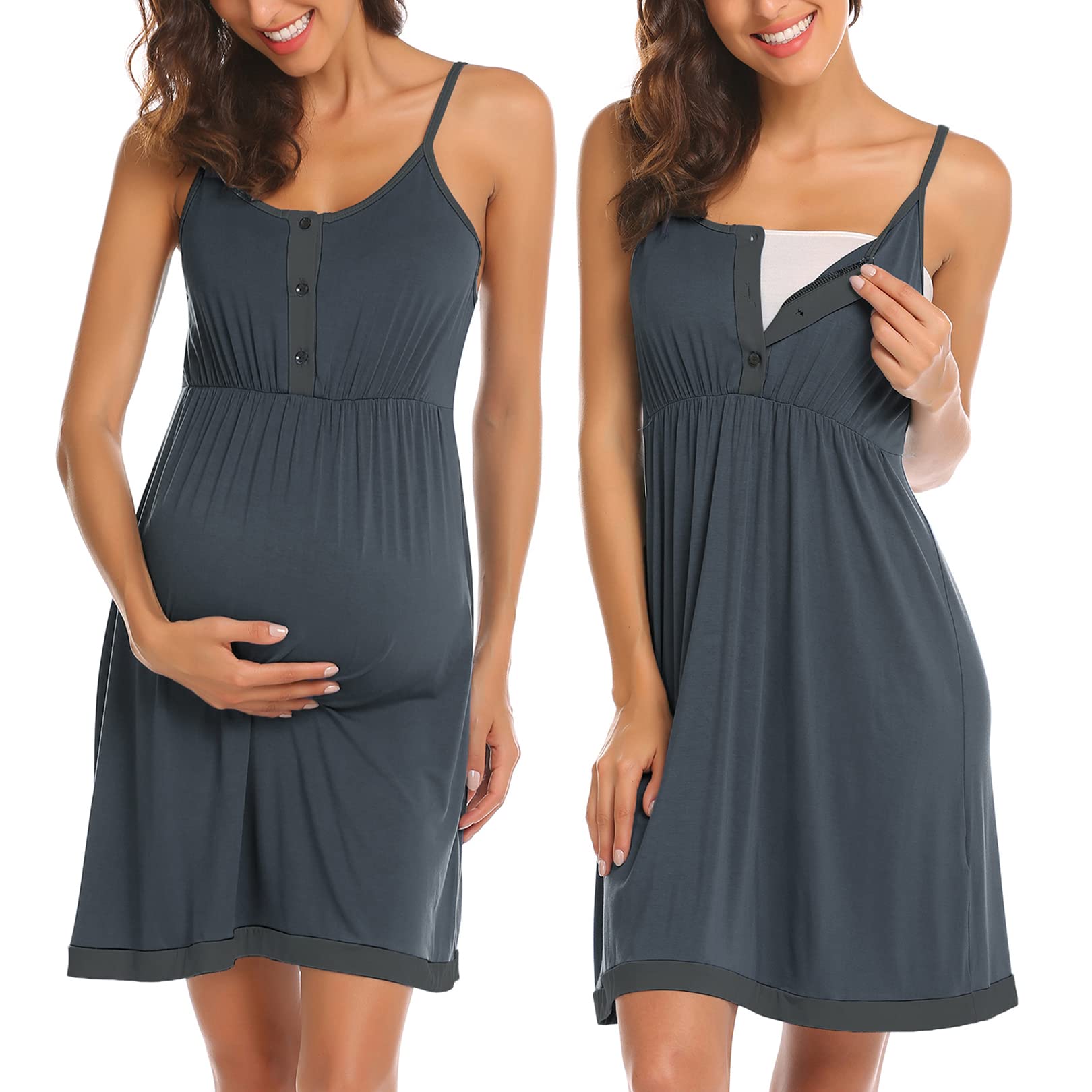 Ekouaer 3 in 1 Maternity Labor Delivery Gown Nursing Gowns for Breastfeeding Full Slip Maternity Nightgown Grey Blue