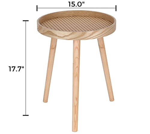 Small Side Table, Rattan Nightstand, Round End Boho Bedside Accent Mid-Century Modern Bed Tables for Living Room Bedroom Office Balcony(Natural Walnut)