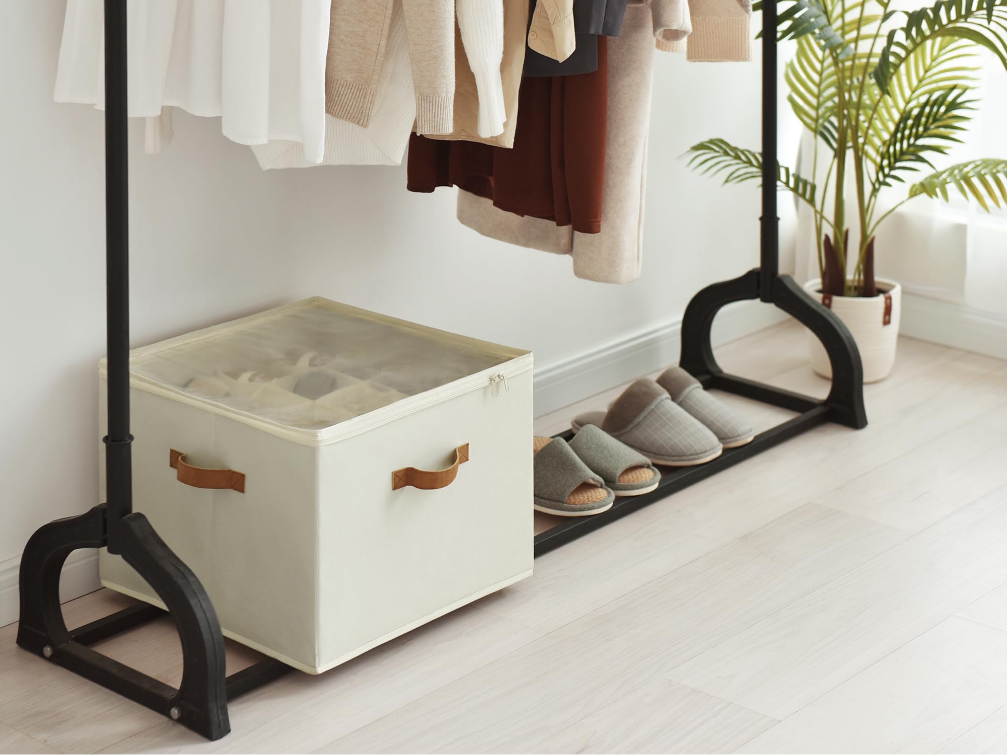StorageWorks Storage Box for Shoes, Shoe Storage Bin with Handles and Fixed Dividers, Space-Saving Shoe Storage Organizer, Closet Cube Shoe Storage Box, Beige, 1-Pack
