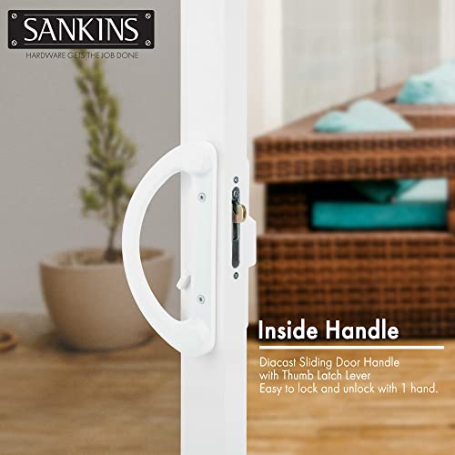 SANKINS Sliding Patio Door Handle Pull Set with Mortise Lock, Full Replacement White Diecast Non-Keyed Gate Handle Set for Sliding Glass Door, Fits 3-15/16” Hole Spacing