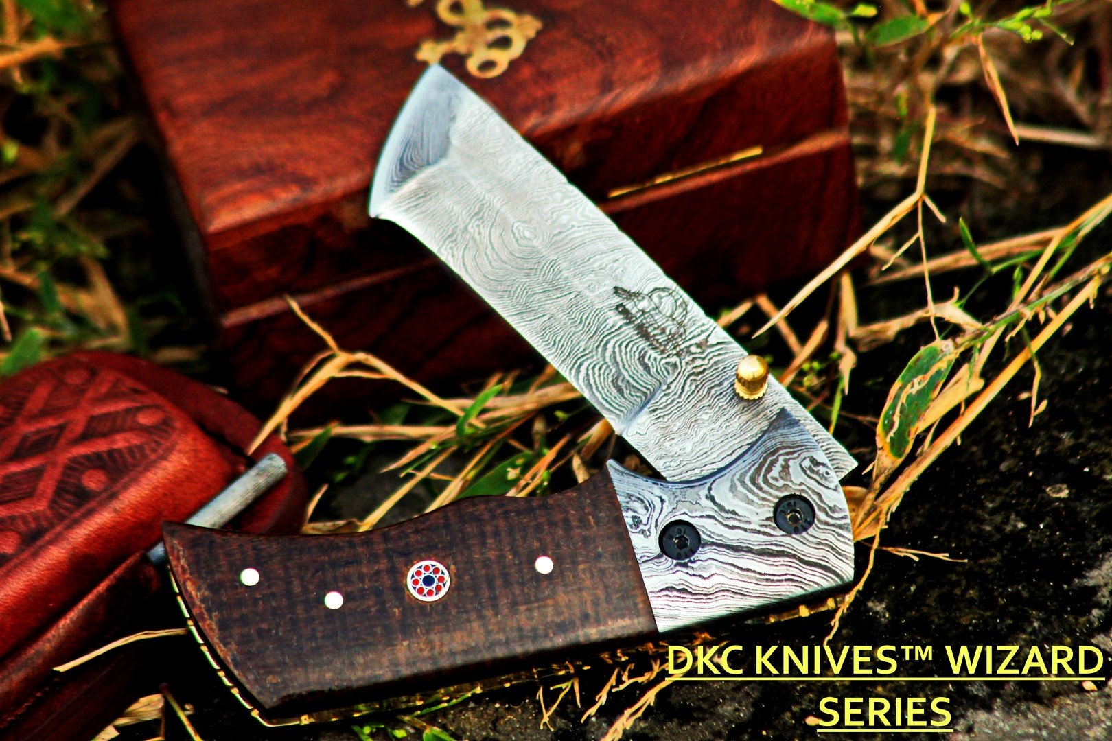 DKC Knives DKC-27-BM-DS-PC Wizard Pocket Clip Brown Micarta 7" Long, 4" Folded 6oz Damascus Tanto Folding Pocket Hunting Knife TM (Brown Micarta)