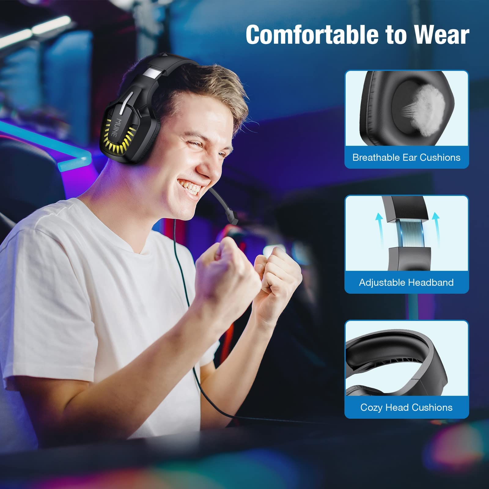 Gaming Headset with Microphone, MUINE Gaming Headset for Xbox One Ps4, Ps5, Playstation, PC, Mobile, Switch, with 3.5mm Audio Jack Noise Cancelling Mic Soft Memory Earmuffs RGB Light Headsets