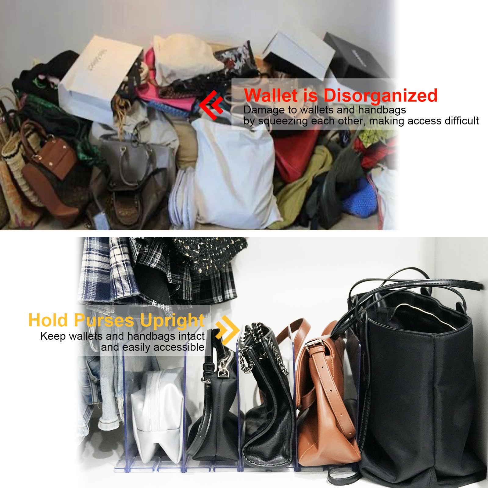 storasier Purse Organizer for Closet 2 PACK,Clear Closet Bag Storage Dividers Rack,Shelf Dividers for Closet Organization,Handbag Organizer