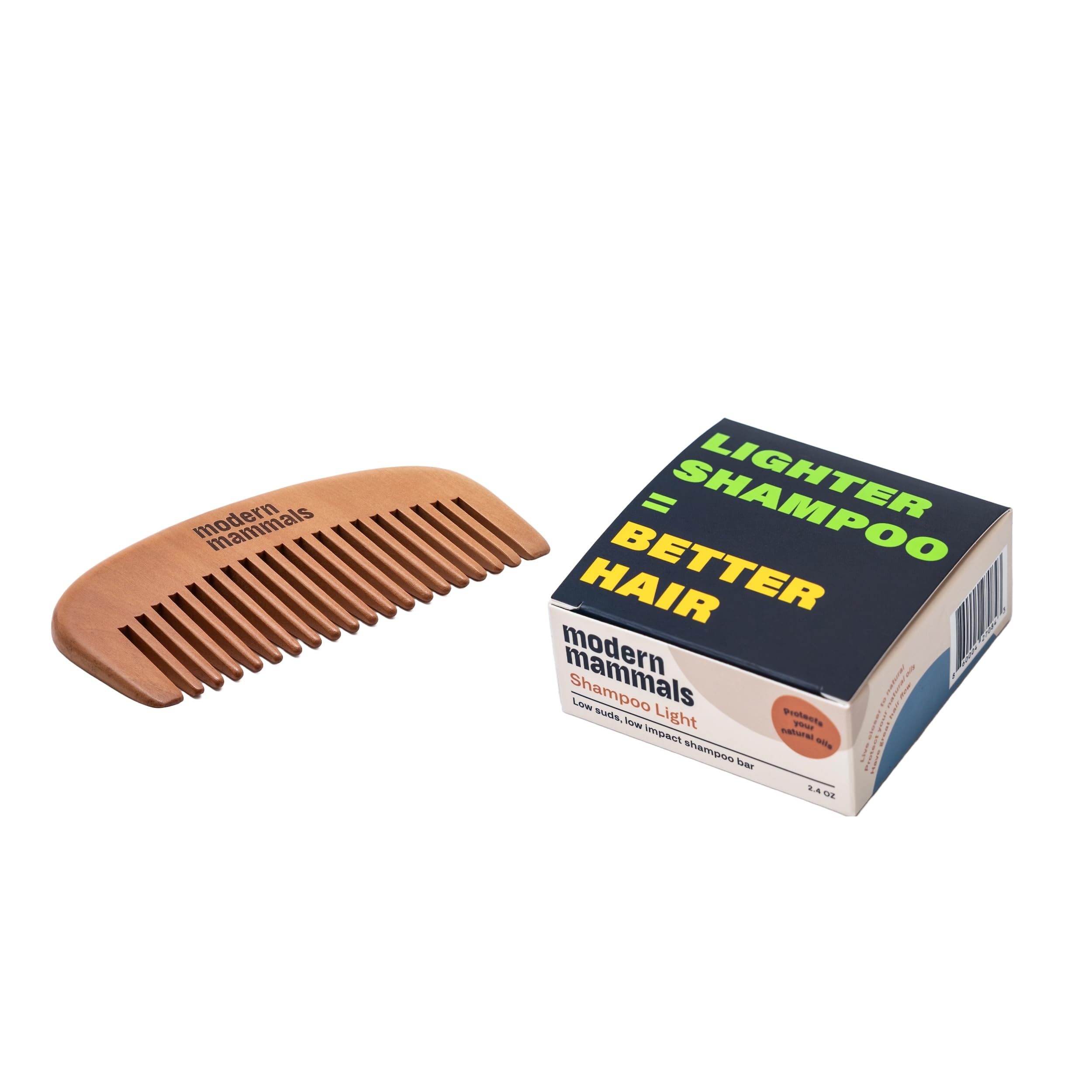 Modern Mammals Light Shampoo Bar & Wooden Comb Bundle - Low Suds, Low Lather, No Poo, Anti Poof, Fragrance-Free