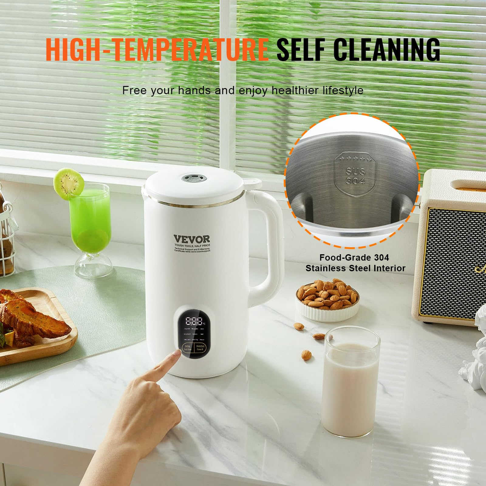 VEVOR Nut Milk Maker, 9-in-1 Soy Milk Maker with 12-Leaf Blades, 800ml/27oz Automatic Plant Based Soy/Oat Milk Maker with High Temperature Auto-Cleaning, 1-18 Hours Timer, Keep Warm, LCD Screen