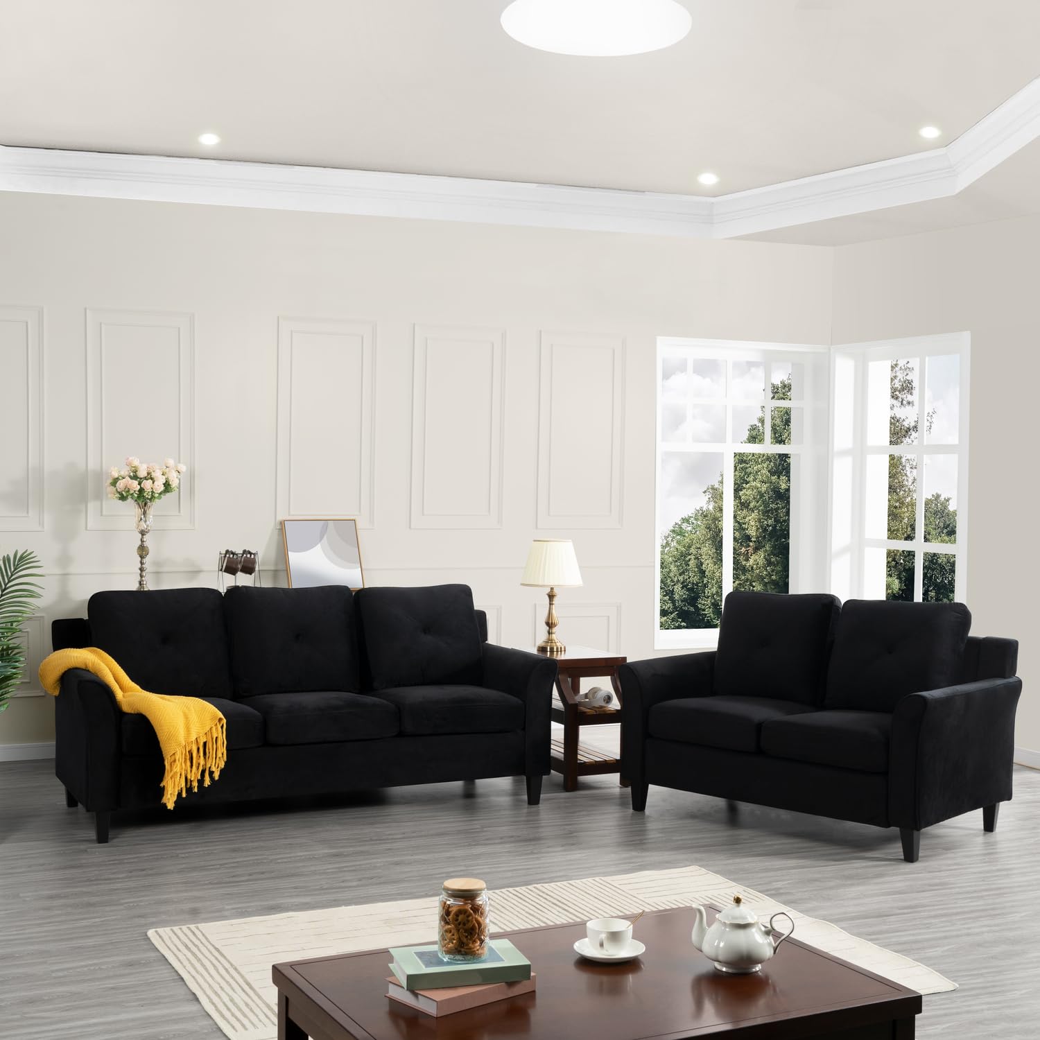 Naomi Home Black Button Tufted Sofa & Loveseat Set, Black Modern Microfiber Furniture for Small Spaces, Durable and Sturdy, Tool-Free Assembly, Affordable Living Room Sofa Cama, Stylish and Compact