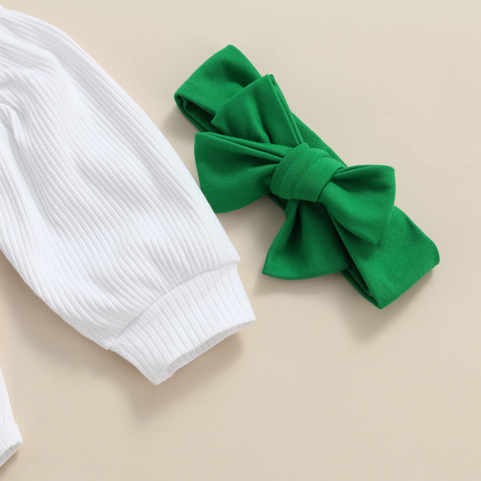 Toddler Baby Girl St. Patrick's Day Outfits Letter Print Romper Long Sleeve Jumpsuit Clover Flared Pants Headband (1#Green, 12-18 Months)
