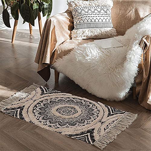 Seavish Tufted Cotton Rug, 2X3 Black Mandala Boho Rug, Hand Woven Bohemian Throw Rugs, Shag Accent Fringe Tassel Rug for Bedroom Bedside Kitchen, Laundry Room Rug