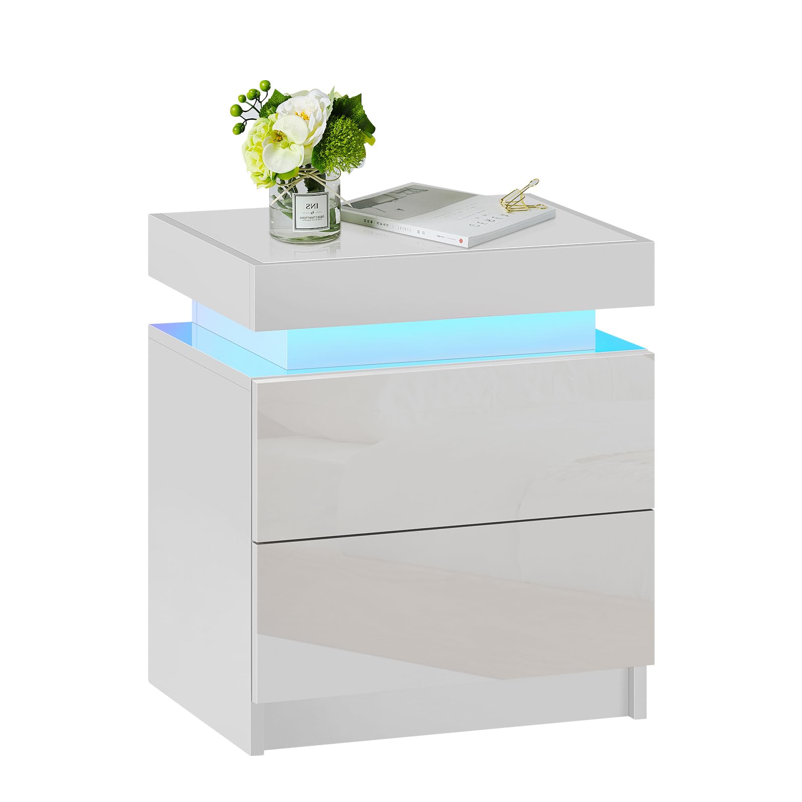 OFCASA Nightstand Set of 2 with LED Light Modern Bedside Table with 2 High Gloss Drawers Smart Night Stand for Bedroom and Living Room(White)