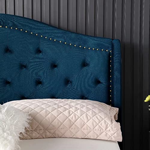 Morden Fort Blue Velvet Bed Frame Wood Platform, Upholstered Platform Bed with 51β Headboard, Heavy Duty Bed Frame with Wood Slat Support, No Box Spring Required, Easy Assembly, California King