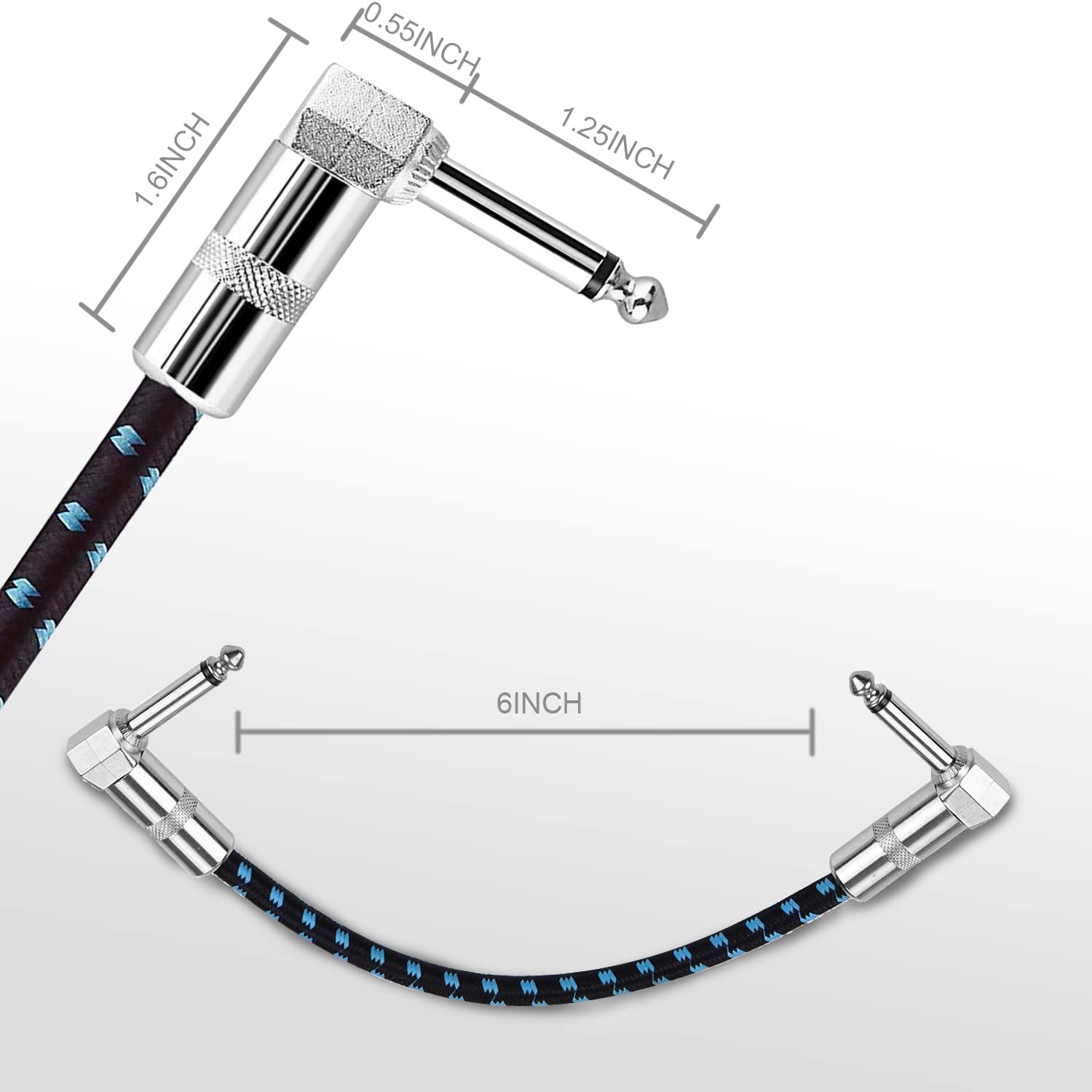 GOGHOST 6 Inch Guitar Patch Cable with 1/4" Right Angle Plugs, Black and Blue Tweed Woven Jacket (3Pack)