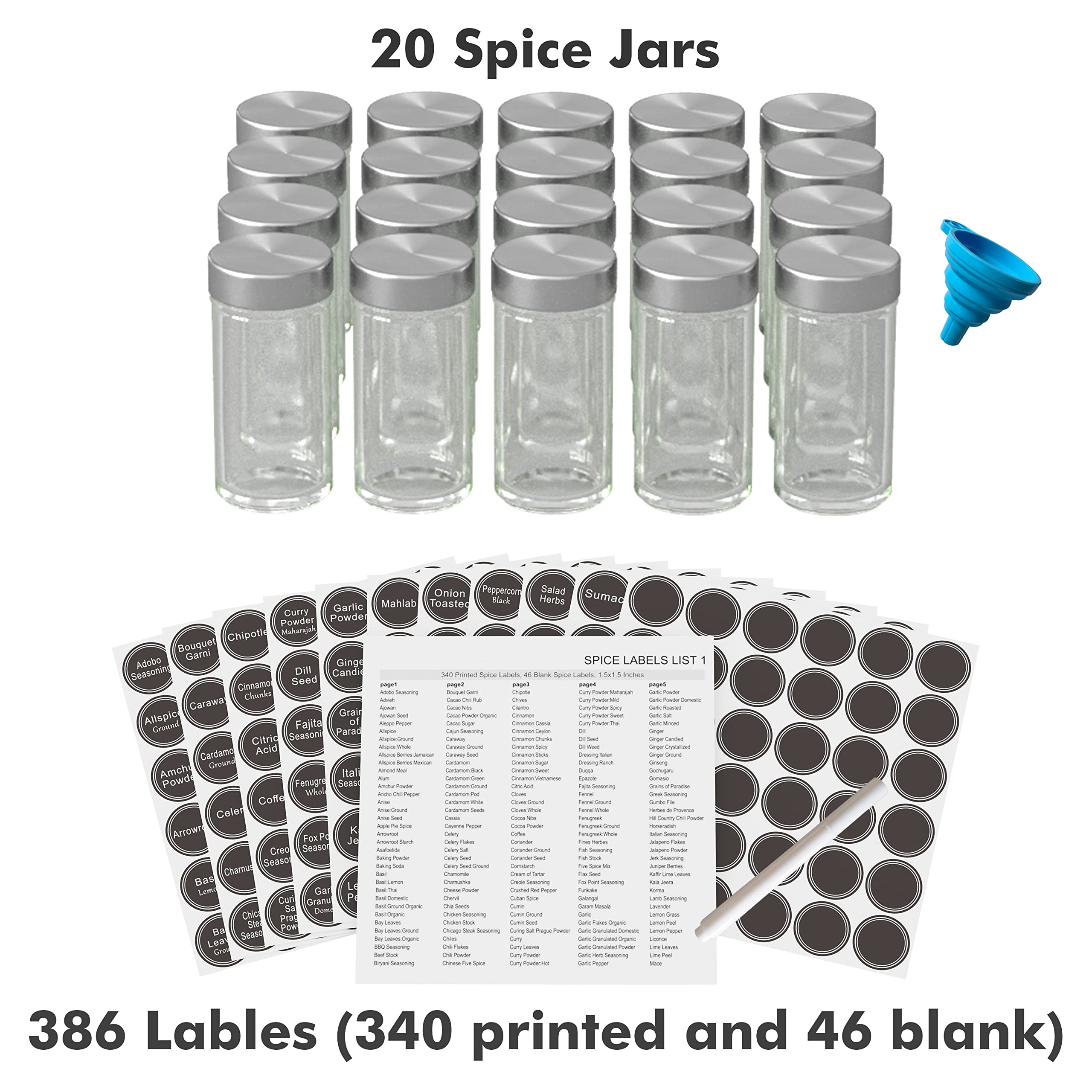 New England Stories Revolving Spice Rack Set with 20 Spice Jars, Kitchen Spice Tower Organizer for Countertop or Cabinet - Carousel Storage Includes 386 Spice Labels (Silver)