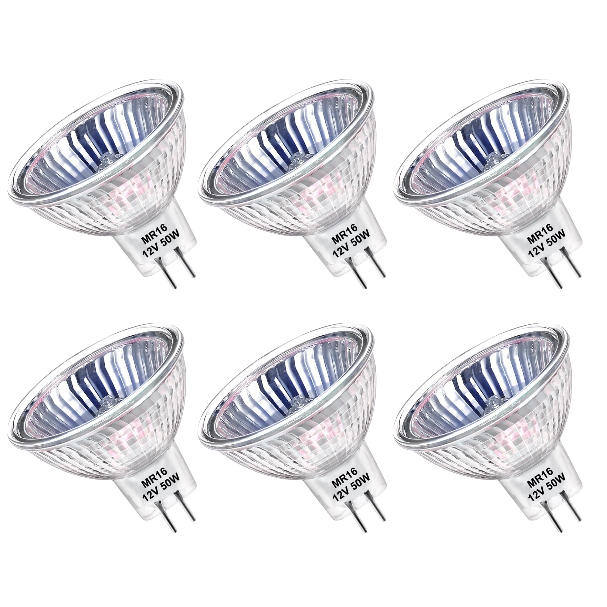 MR16 Halogen Bulb 50W, 6 Pack 12V MR16 Light Bulbs GU5.3 Base, Dimmable Spotlight 2800K Warm White with Clear Glass Cover, MR16 2 Pin Halogen Lamps for Landscape, Track Lights, Range Hood Lights