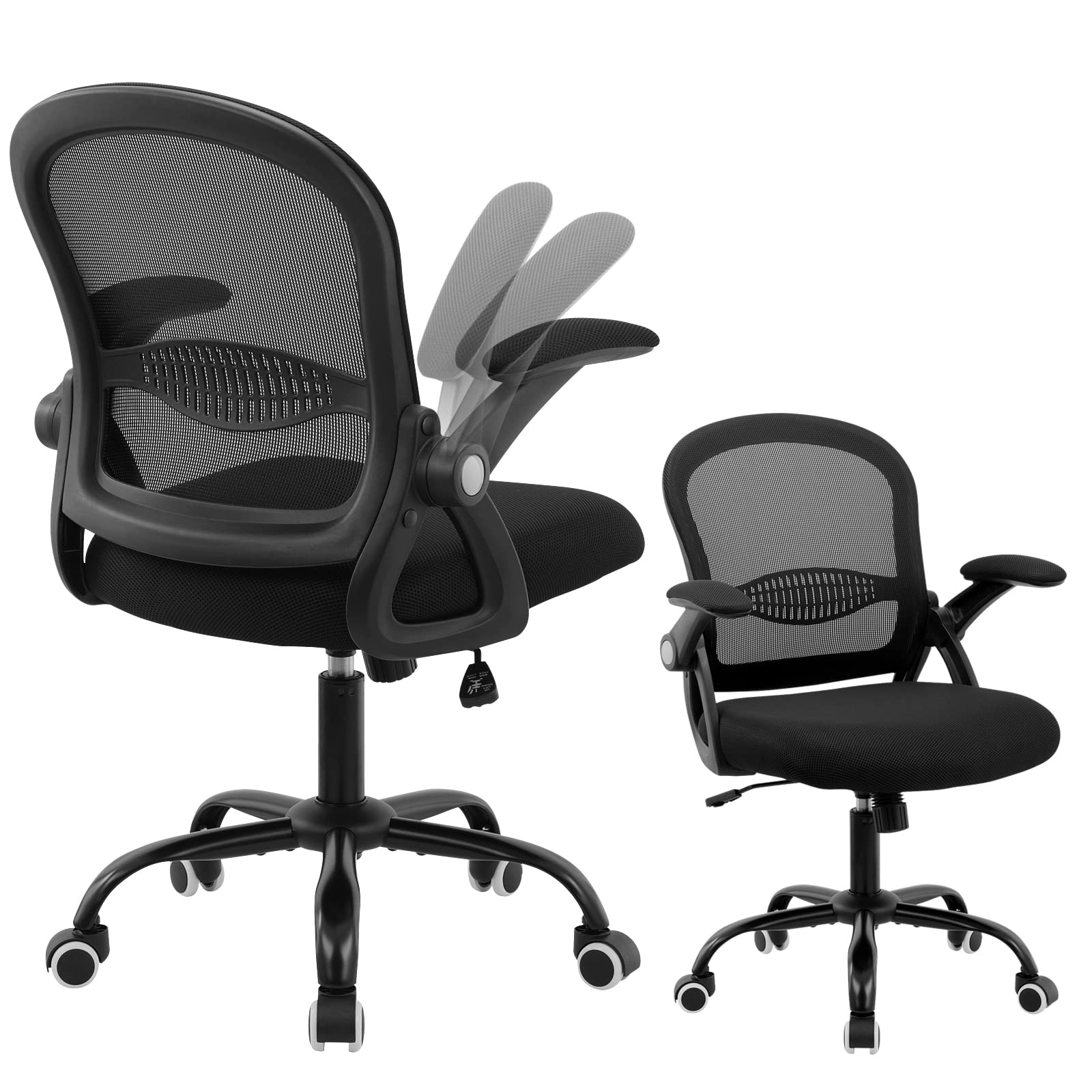Office Desk Chair, Ergonomic Mesh Office Task Chairs, Mid-Back Computer Desk Chair with Wheels, Flip-up Arms Comfortable Lumbar Support for Home Study, Black