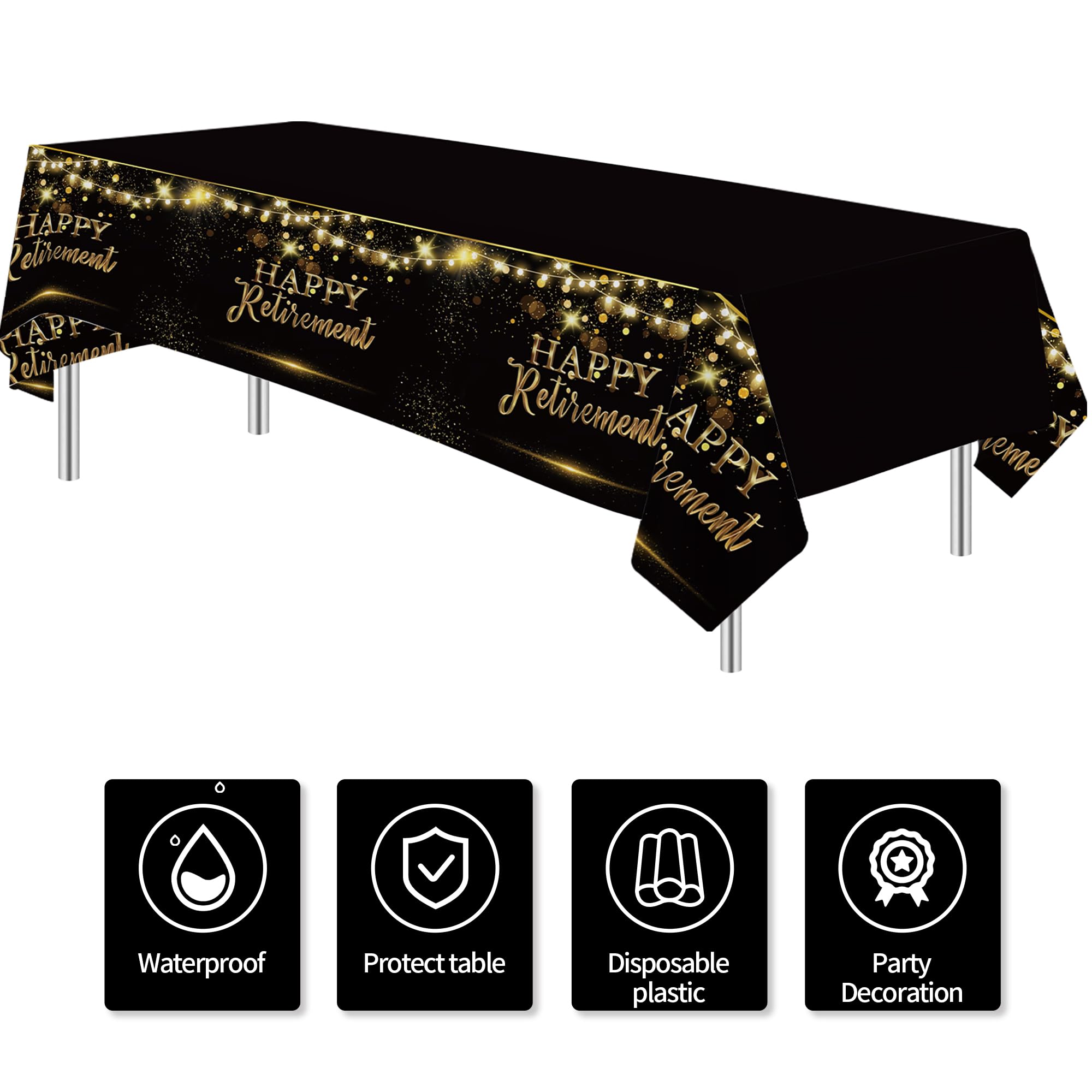 Suhelkit 3 Pack Retirement Decorations Party Supplies Tablecloth - Happy Retirement Decorations Table Cover for Men Women, Gold Black Retirement Party Decorations Table Cloth,54in x 108in