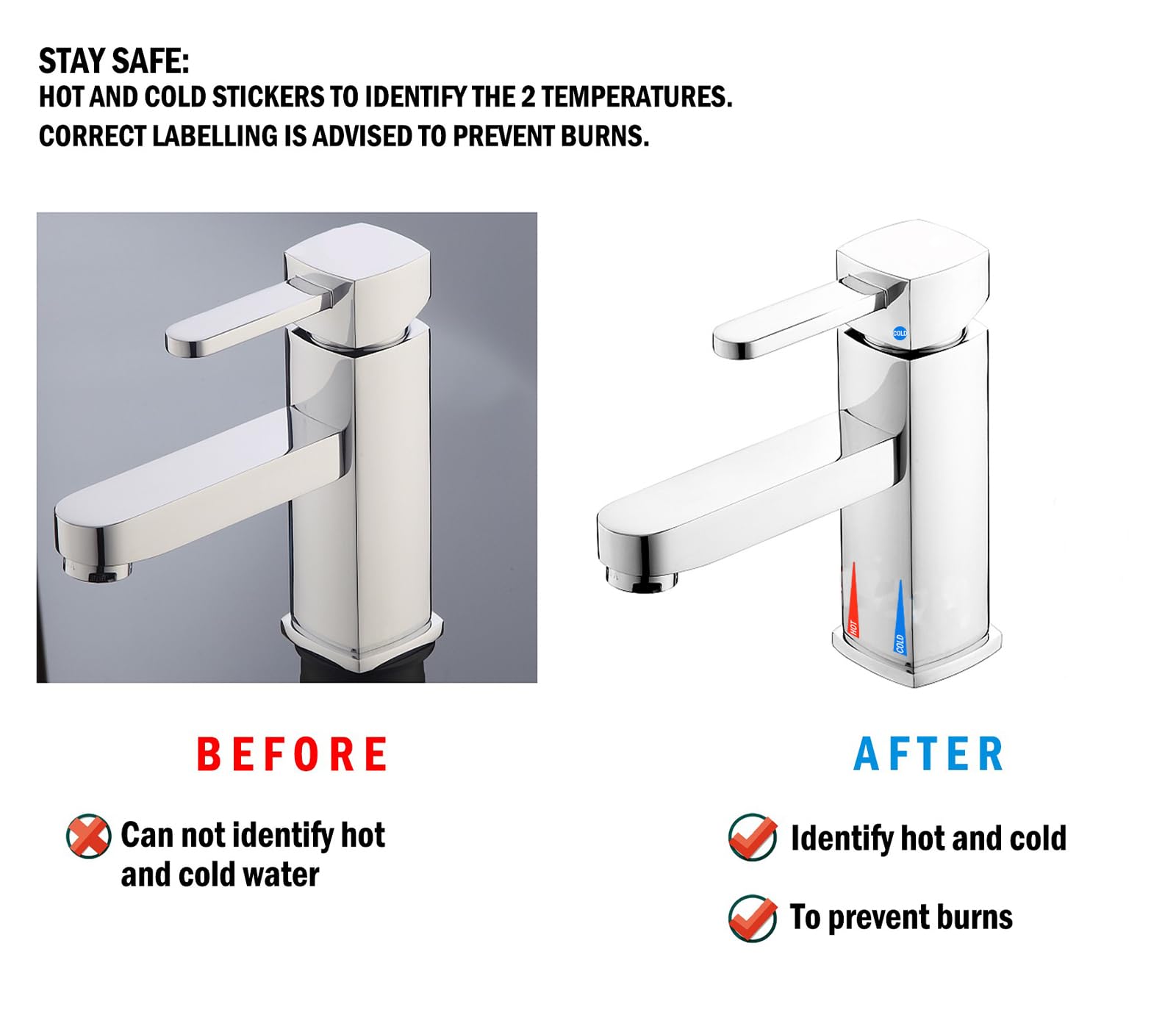 Epoxy Hot and Cold Water Faucet Indicator Stickers Self Stick 10 Hot Labels & 10 Cold Labels for Kitchen Bathroom Faucet Shower Escutcheon