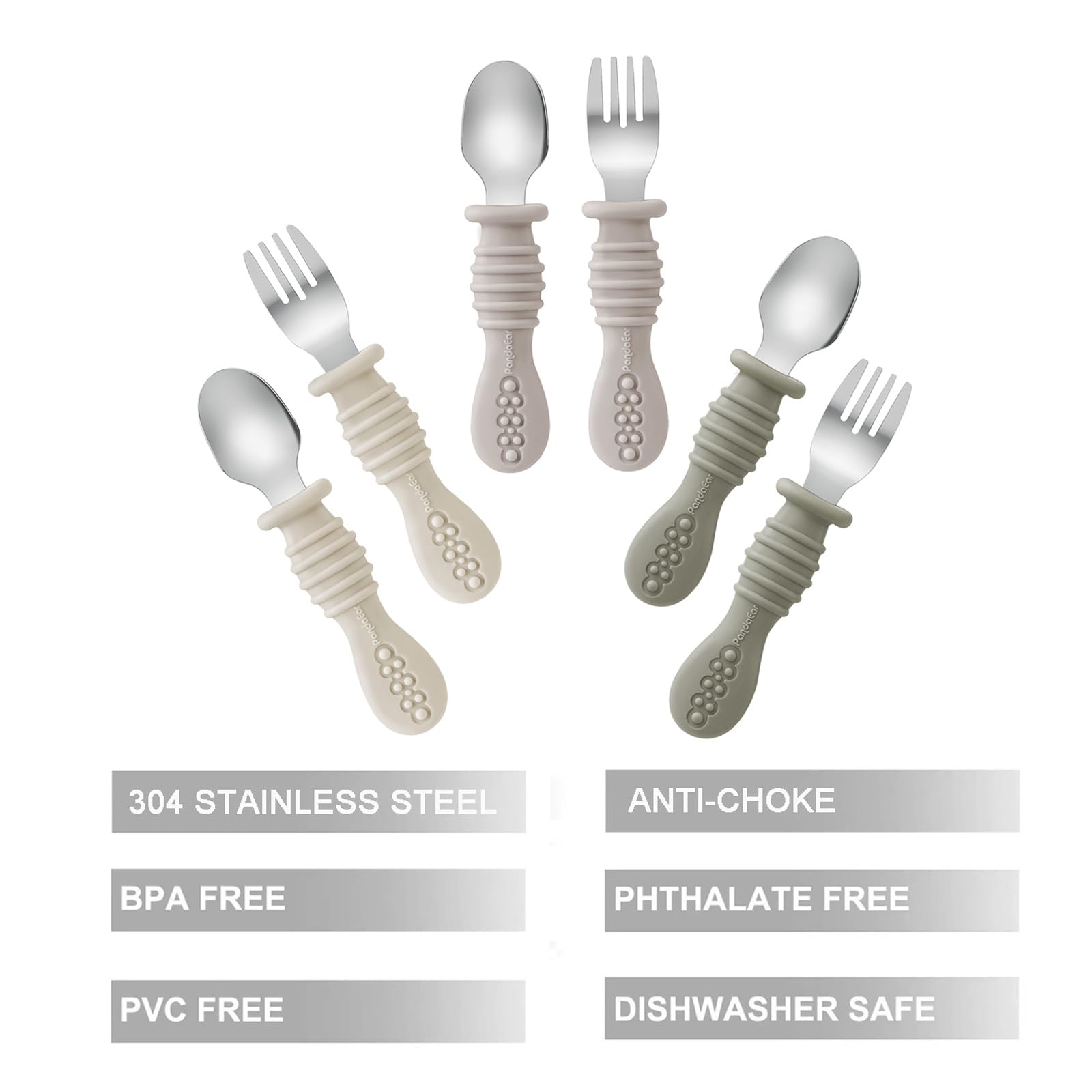 PandaEar 6 Pack Toddler Fork and Spoon Utensil Set, Baby Silicone Stainless Steel Silverware Spoon Fork for Babies Kids, BPA Free (Walnut&Linen&Brown)