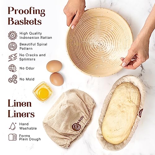 Sourdough Bread Baking Supplies and Proofing Baskets, A Complete Bread Making Kit Including 10" Round & 11" Oval Rattan Bannetons, Bread Lame, Bowl & Dough Scrapers, Danish Whisk and Linen Liners