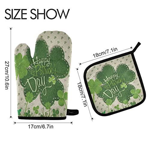 Irish Green Shamrock Oven Mitts Pot Holder Sets 2pcs St. Patrick's Day Non-Slip Kitchen Heat Resistant Hot Pads for Women Cooking Gloves Baking Wear BBQ