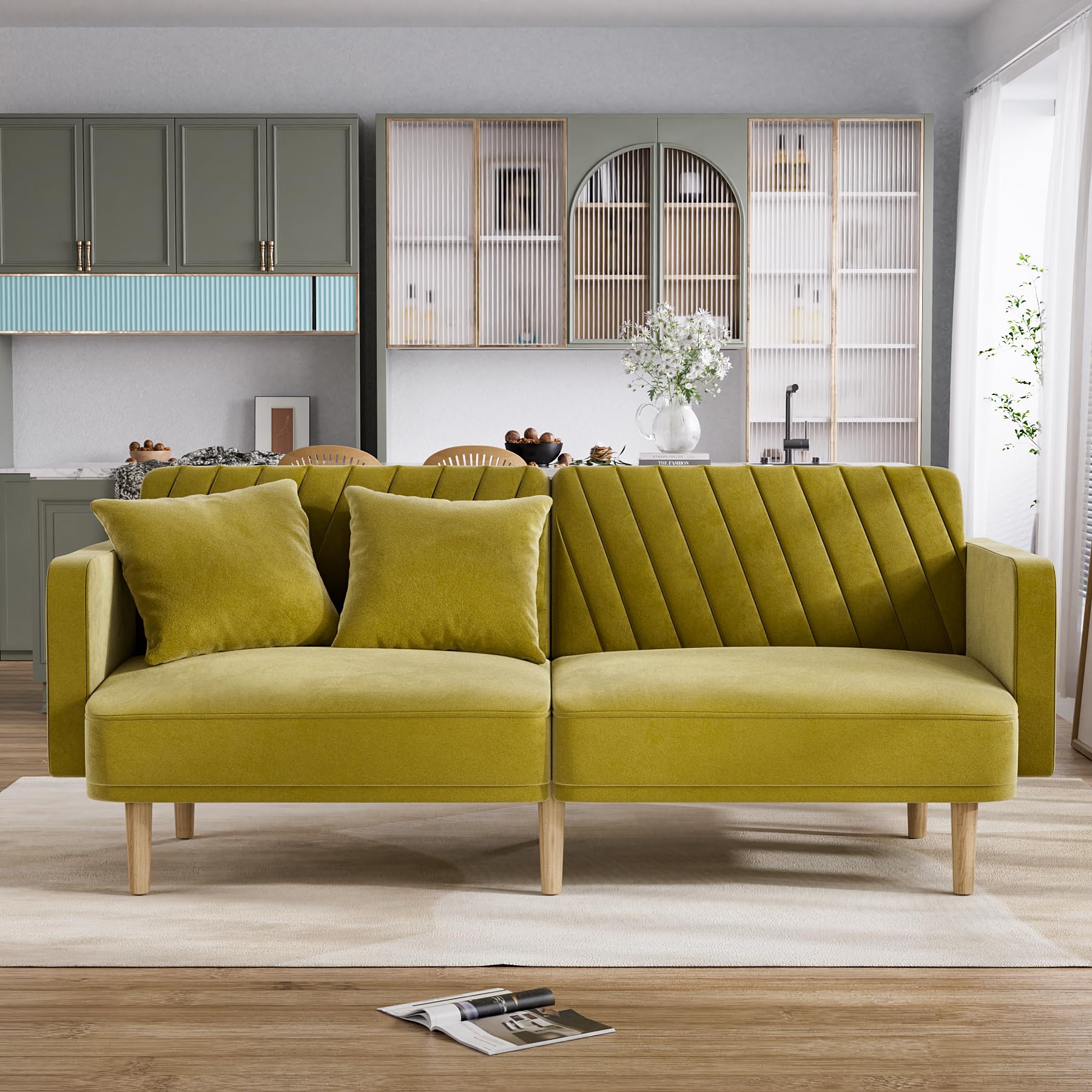 OUYESSIR Futon Sofa Bed, Convertible Sleeper Sofa with Wood Legs, 75.3β Splitback Sofa with 2 Pillows, Velvet Futon Couch for Living Room (Olive Green)