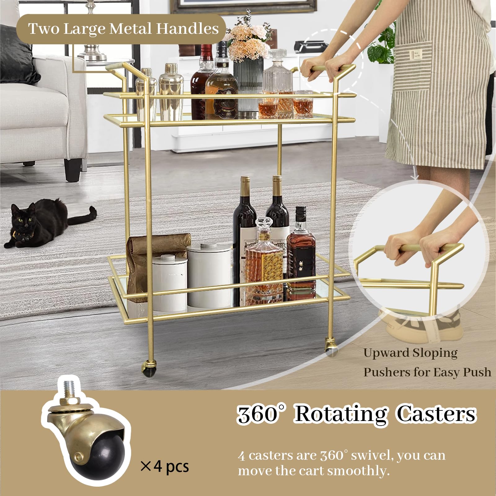 GIFTTROVE Gold Bar Cart for Home, 2 Tier Bar Serving Cart, Rectangular Rolling Bar Cart with 2 Mirrored Shelves, Wine Cart Stand for Kitchen, Living Room