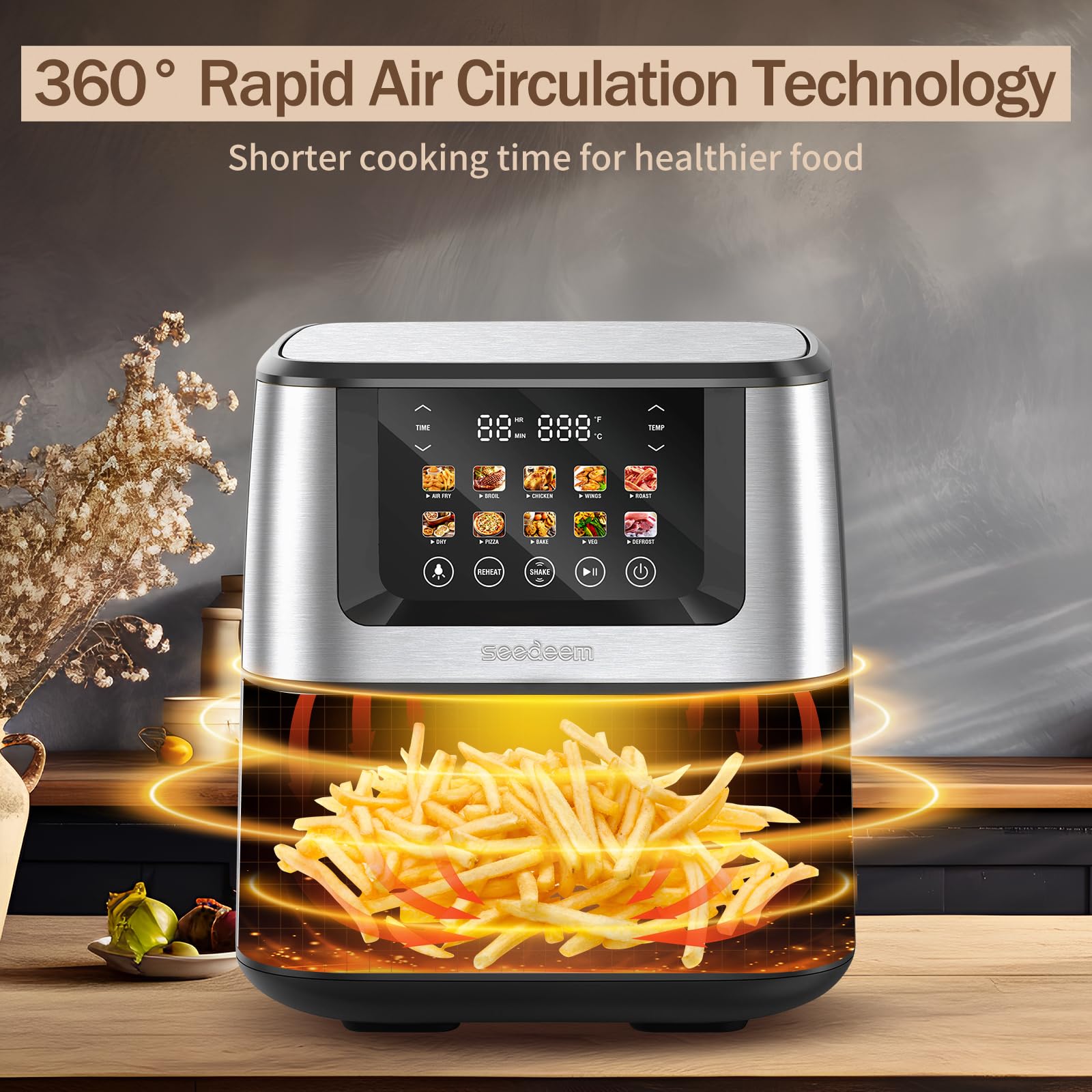 SEEDEEM Max XL Air Fryer, 8 Quart, 10-in-1 Hot Air Fryer Oven with Color LCD Display Touchscreen, Air Fryer Toaster Oven Combo with ClearCook Cooking Window,Broil, Roast, Dehydrate, Bake, Silver