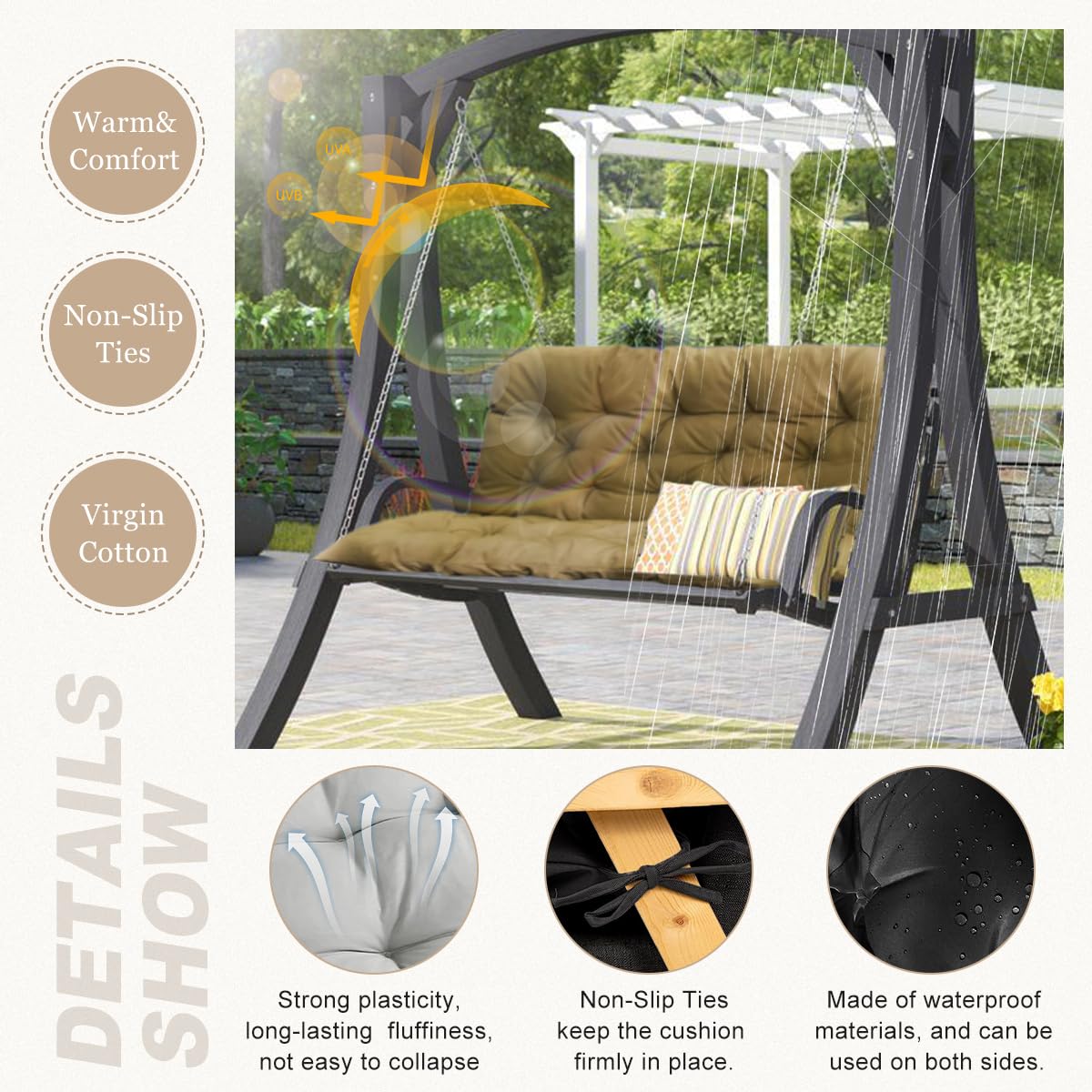 Outdoor/Indoor Swing Replacement Cushion, 2 or 3 Seats Bench Cushions with Backrest, Thicken 4" Recliner Seat Pad for Garden/Patio, Waterproof Premium Tufted Cushion with Ties(Light Grey-40x40x4in)