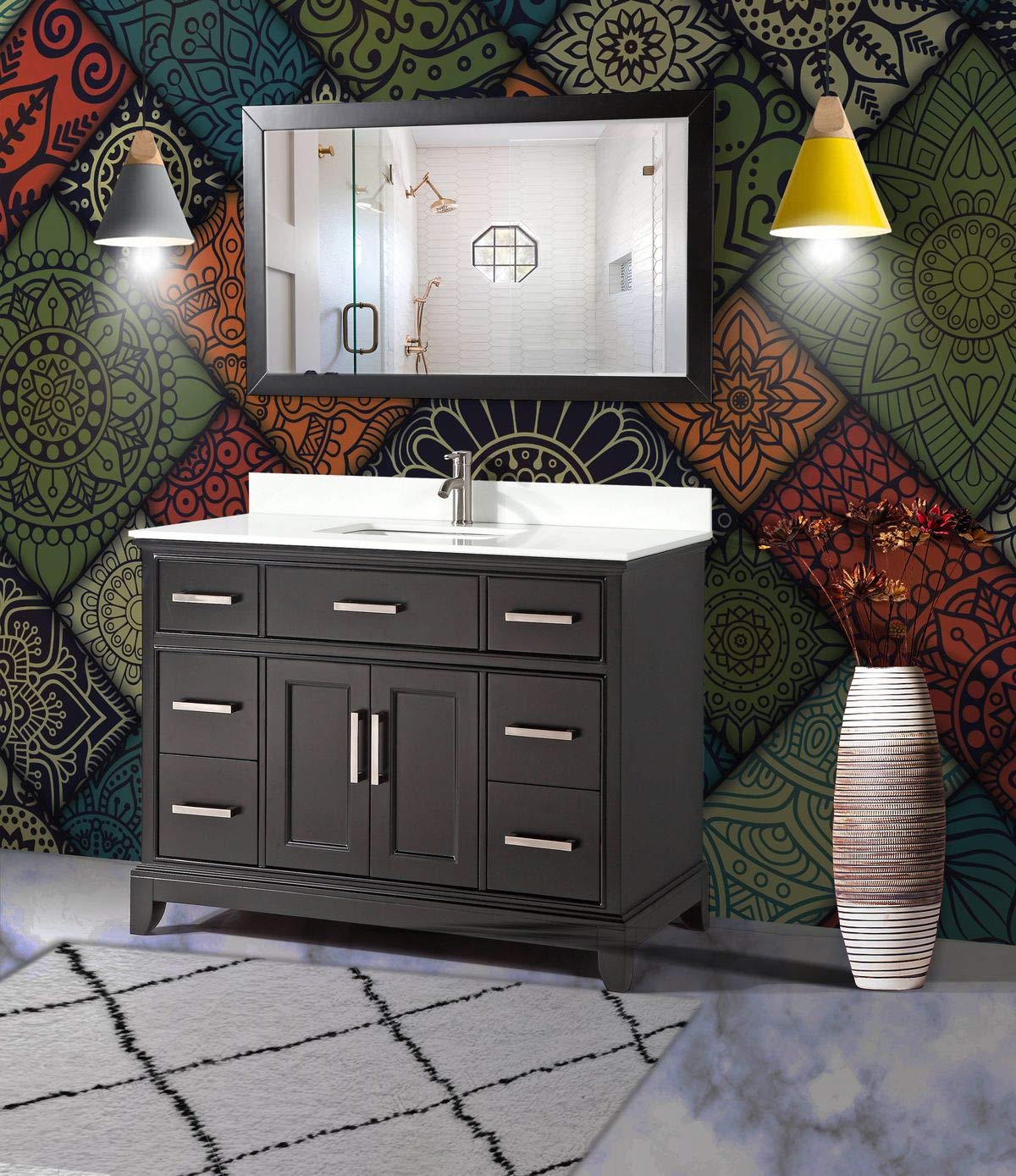 Vanity Art 48 Inch Bathroom Vanity with Sink and Mirror | Carrara Marble Stone top Storage Bathroom Organizer Cabinet with Dovetailed Drawer, Soft Closing Door, Brushed Nickel Handles, VA1048-E