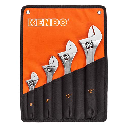 Kendo 4pcs Heavy Duty Adjustable Wrench Set - 6", 8", 10" & 12" Wrench - Drop Forged Heat Treated Chrome Vanadium Steel - Roll-up Storage Pouch Included