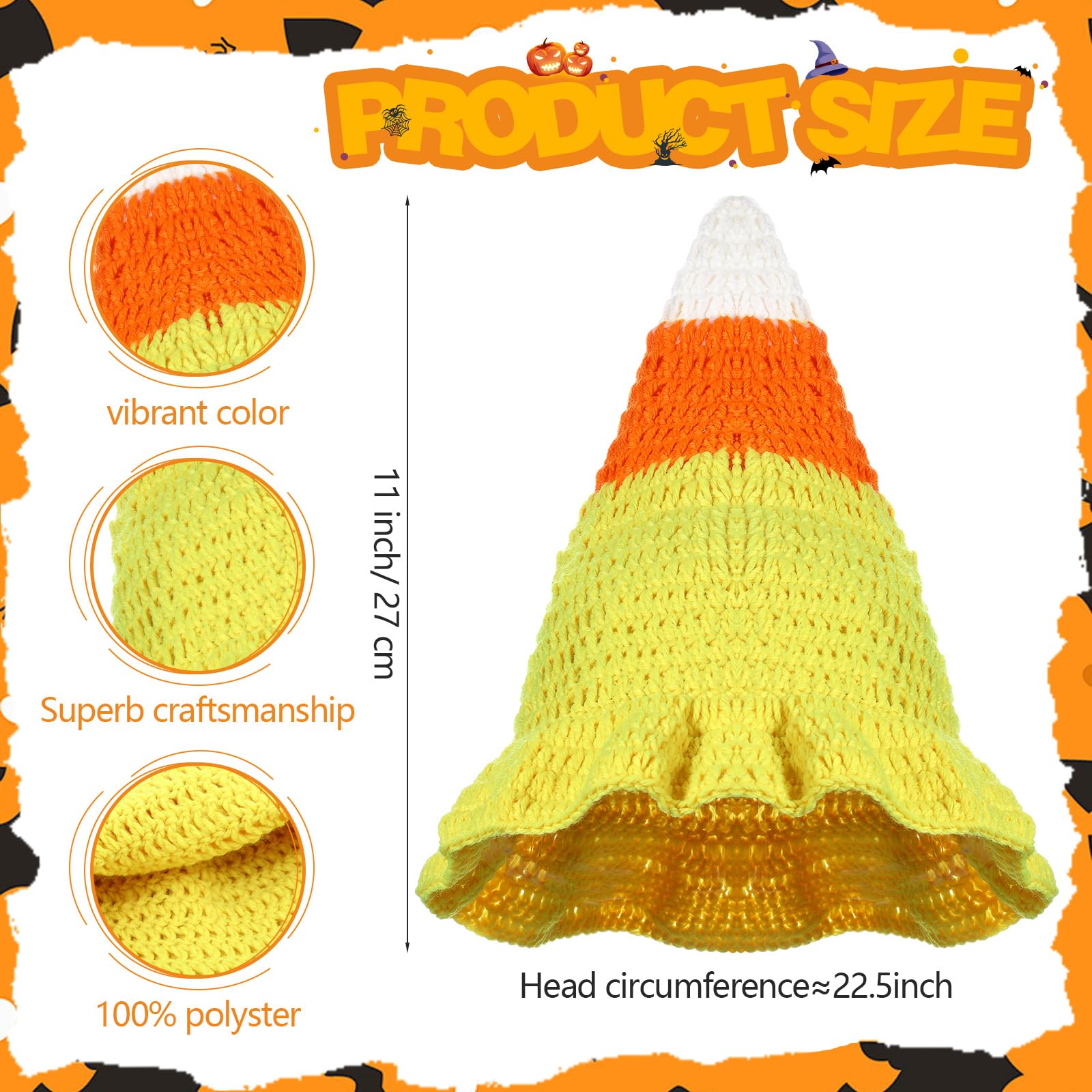 Panitay 10.63 x 12.99 Inch Candy Corn Witch Hat Crochet Pattern for Women Adult Knitted Crochet Wizard Hat for Autumn Halloween Cosplay Party Decorations, Orange, White and Yellow