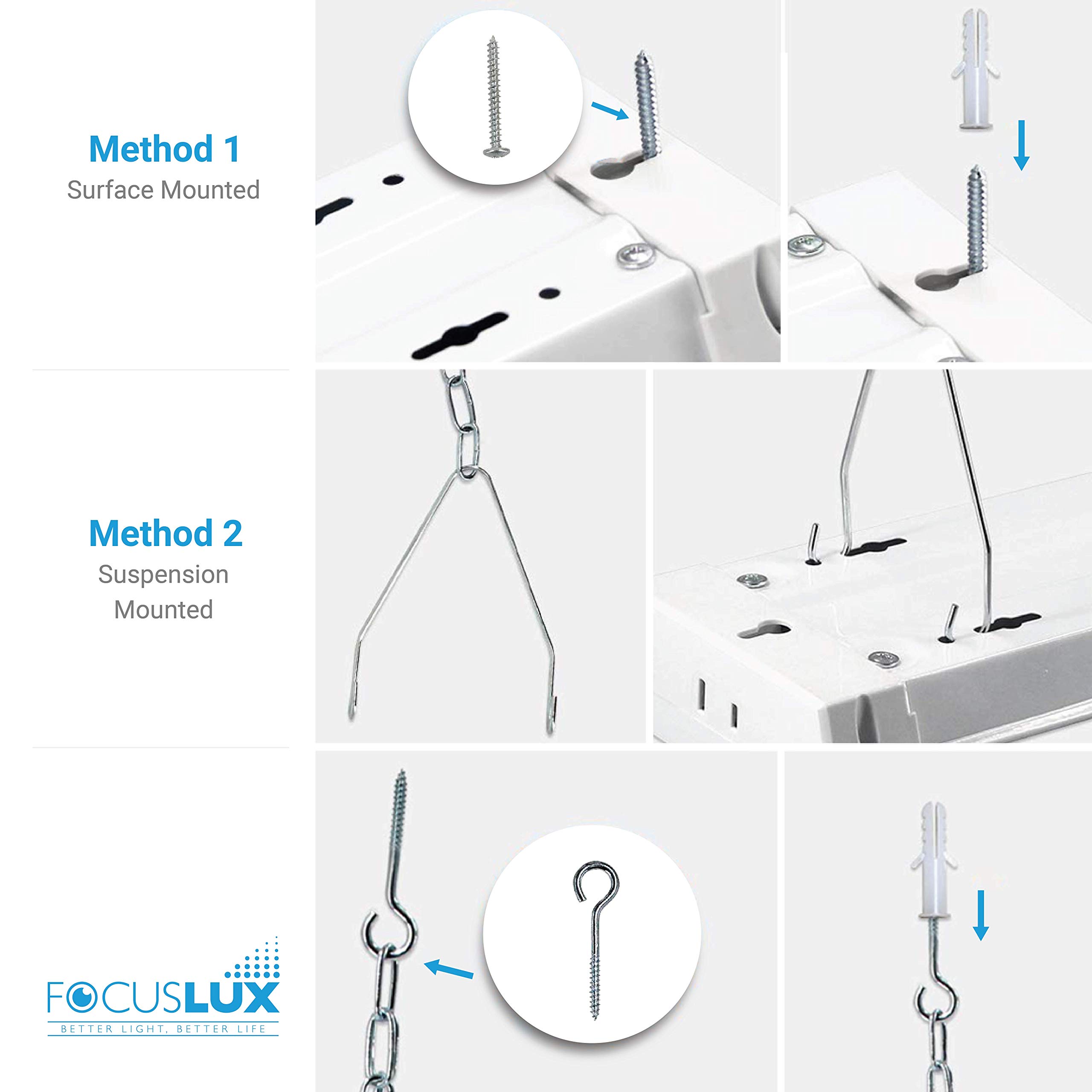 Focuslux Industrial LED Shop Light, 4 FT, Linkable Integrated Fixture, 42W =260W, 5000K Daylight, 4500 LM, Surface + Suspension Mount, Pull Chain, Utility Light, Garage- UL (2 Pack)