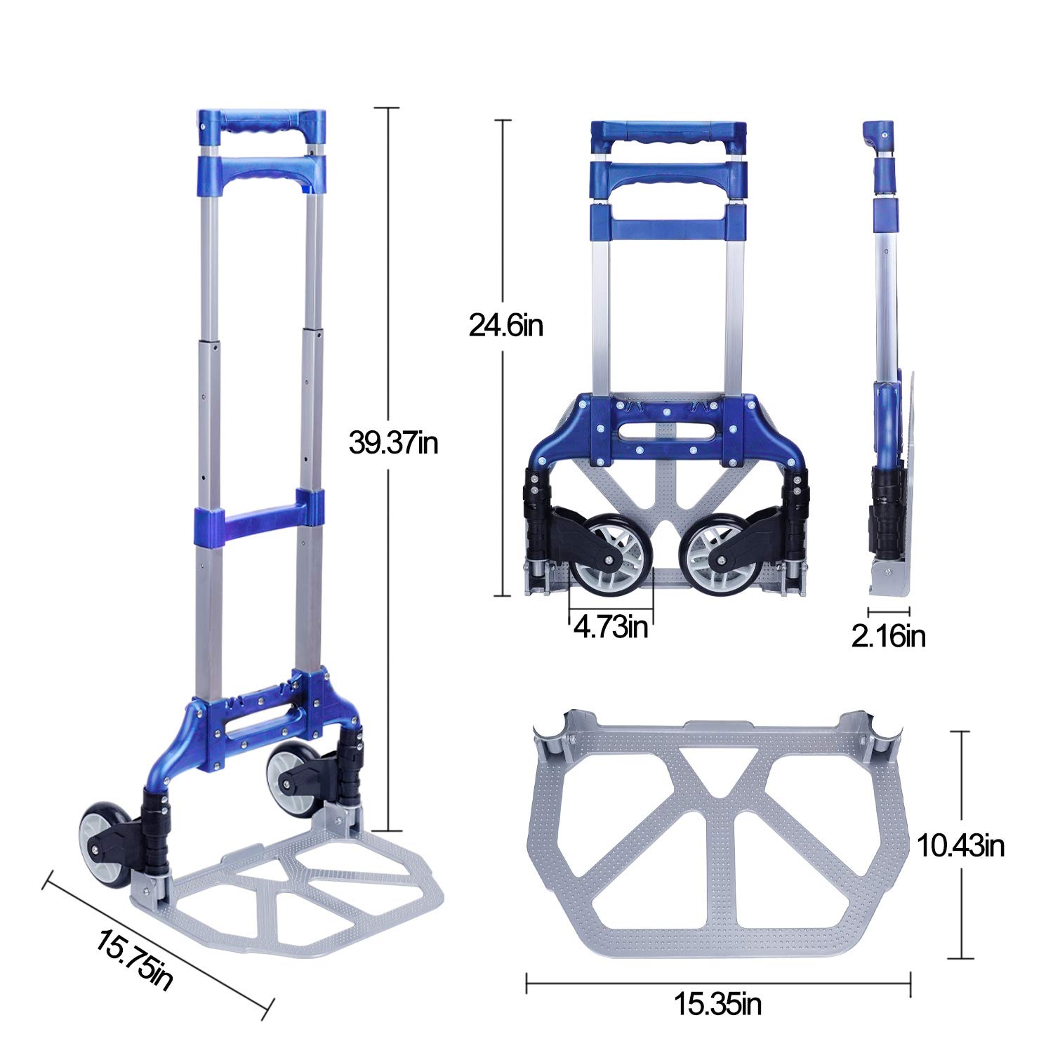 Folding Hand Truck, Portable Aluminum Dolly Luggage Cart 165lbs Capacity with 2 Wheel, Folding Multi-use Carrier with Non-Skid Rubber Handle for Travel (Pure Blue)