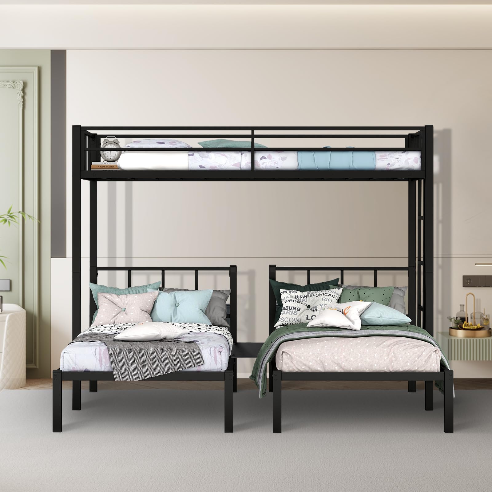 Morhome Triple Bunk Bed Twin Over Twin, Metal Triple Twin Bedframe with Safety Guardrail and Ladder, 3 Twin Bunk Beds for Kids/No Box Spring Needed/Easy Assemble