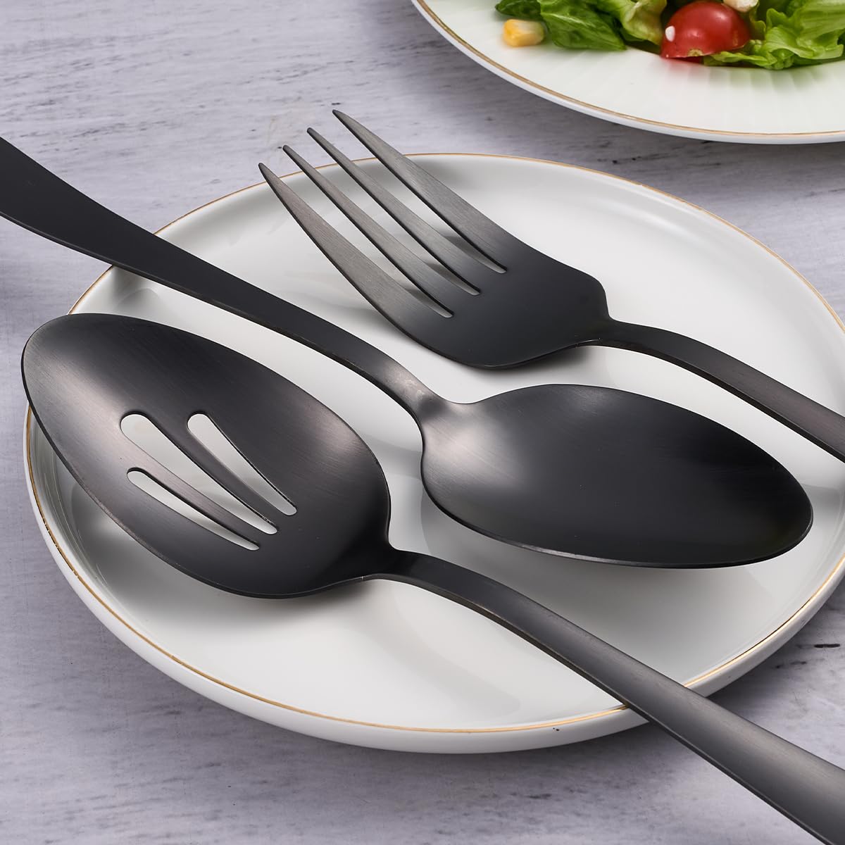 Seeshine Matte Black Serving Set, 4-Piece Stainless Steel Large Hostess Set Include Slotted Spoon Serving Spoon Serving Fork and Cake Server, Ideal for Buffets, Home, Gatherings, Restaurant