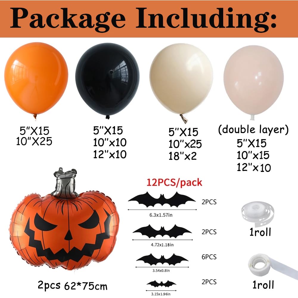 Halloween Balloon Arch Garland Kit 168pcs Large Pumpkin Orange Black White Sand Balloons 3D Bat Stickers for Halloween Party Decorations