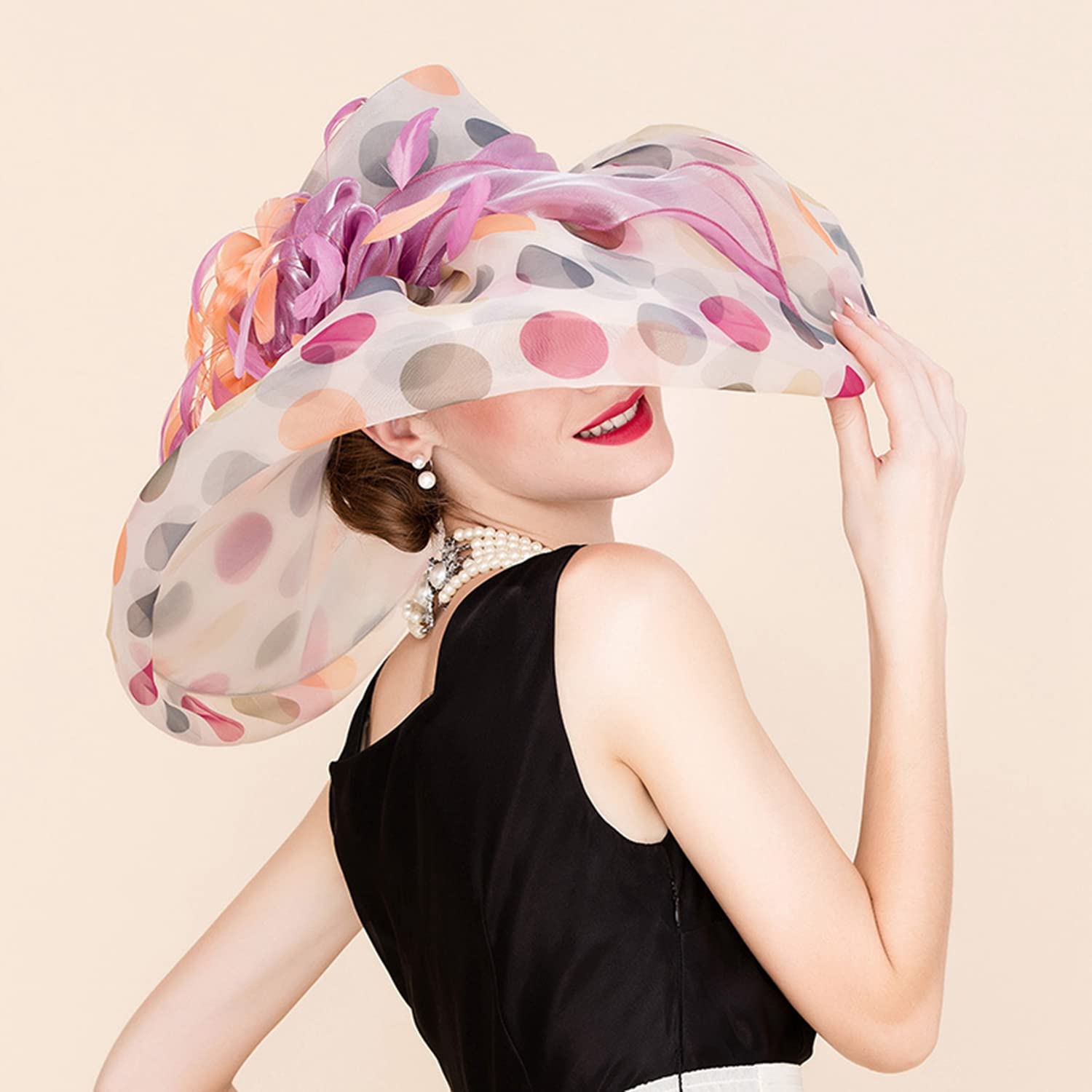 F FADVES 100% Organza Sun Tea Party Hats Large Wide Brim Flower Fedoras Polka Dot Wedding Hat Solid Black