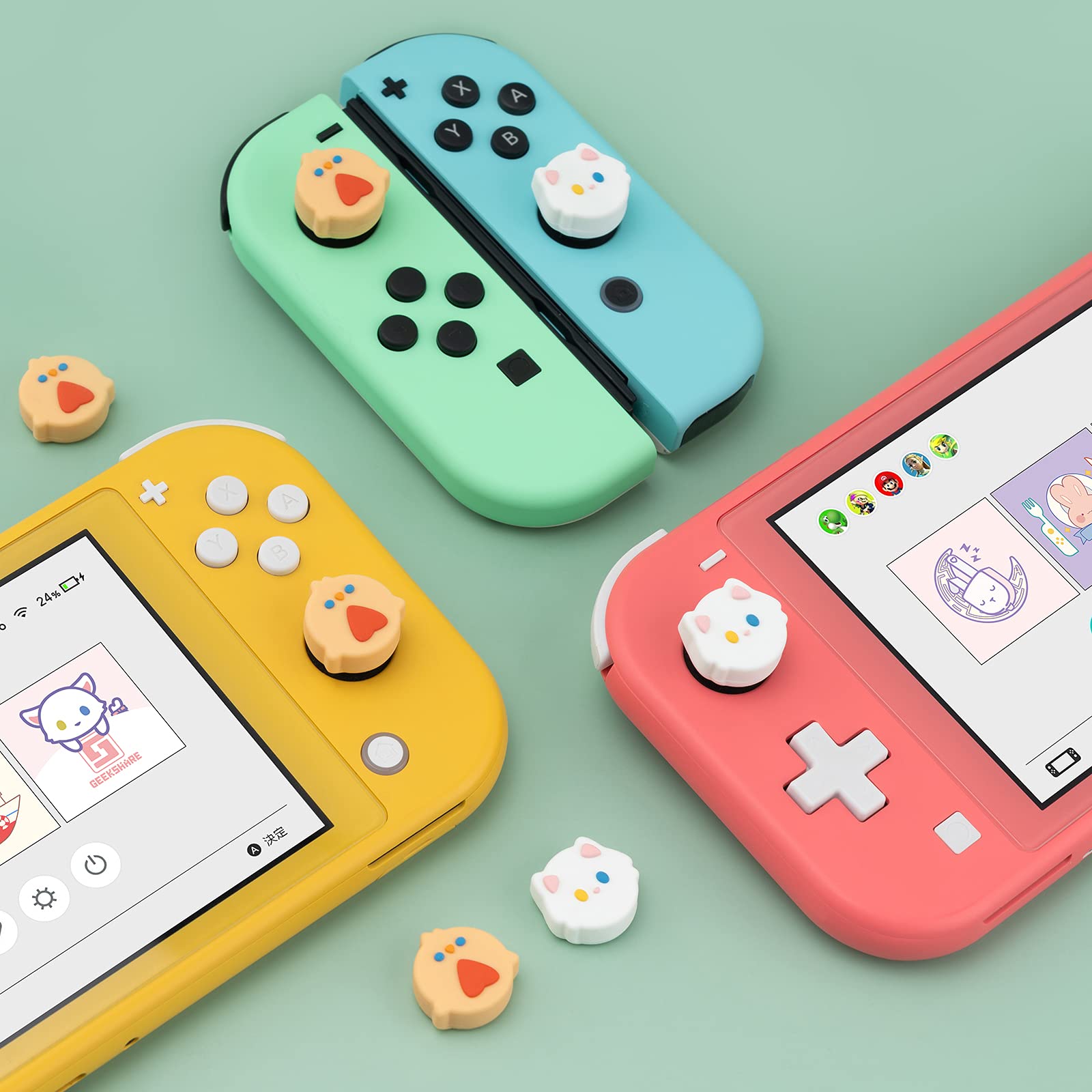 GeekShare 4PCS Cute Animal Theme Thumb Grip Caps,Soft Silicone Joystick Cover Compatible with Nintendo Switch/OLED/Switch Lite - Chicken & Cat