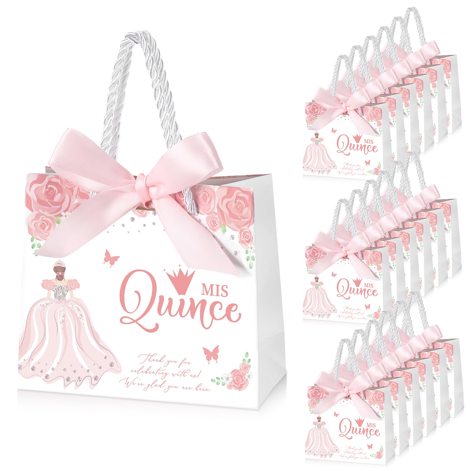 Skyygemm 25 Sets Quinceanera Party Favors for Guests Quinceanera Gift Bag with Handles Small Candy Bag with Bow Ribbon Mis Quince Decoration Quinceanera Sweet 15 Birthday Party Favor (Pink)