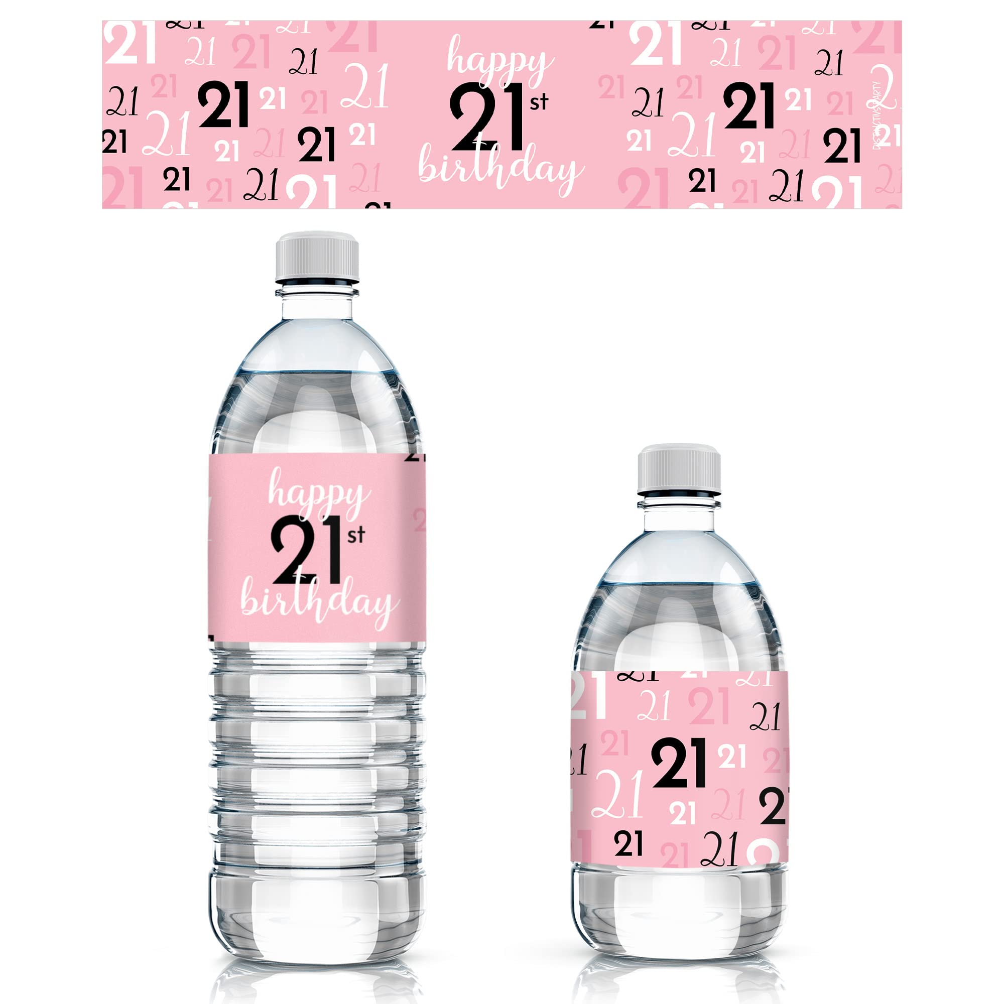 Pink, Black, and White 21st Birthday Party Water Bottle Labels - 24 Waterproof Wrappers - Chic Birthday Party Supplies