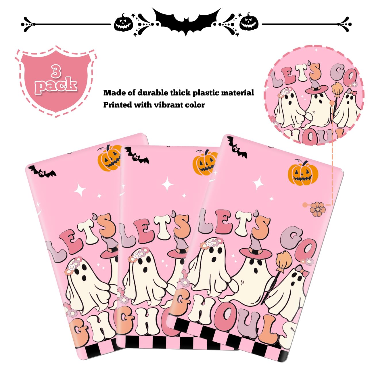 Pink Halloween Decorations Halloween Tablecloth Cute Ghost Let’s go Ghouls Pumpkin Table Cover for Halloween Party Spooky Theme Disposable Plastic Table Cloth for Halloweens Table Decor