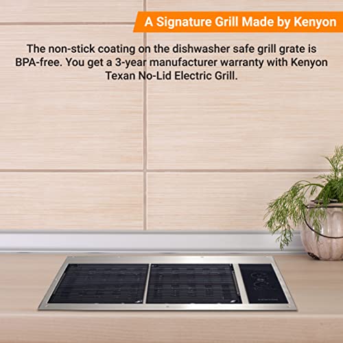 Kenyon Texan No-Lid Electric Grill, Stainless Steel Grill With Two Burners And Non-Stick Coating, Quick Heat Up, Standard Lite-Touch Control, UL-Approved For Indoor And Outdoor Use, 240V