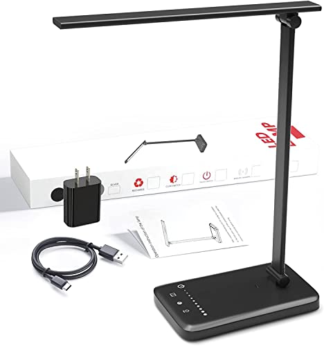 WEIDUOYI LED Desk Lamp Dimmable Home Office Lamp with USB Charging Port Reading Light Table Desk Lamps, Eye-Caring Table Lamp 45mins Timer Desk Light for Working and Reading Black